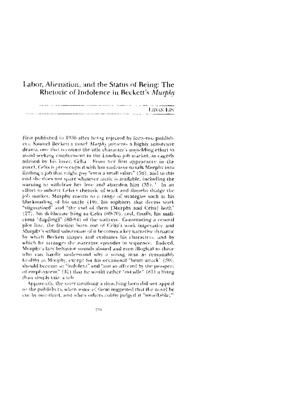 Lin Lidan on Murphy - Saggio critico - Susanna zinato - Studocu