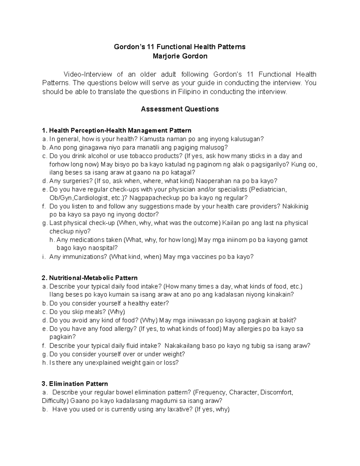 Gordon guide ques - Gordon’s 11 Functional Health Patterns Marjorie ...