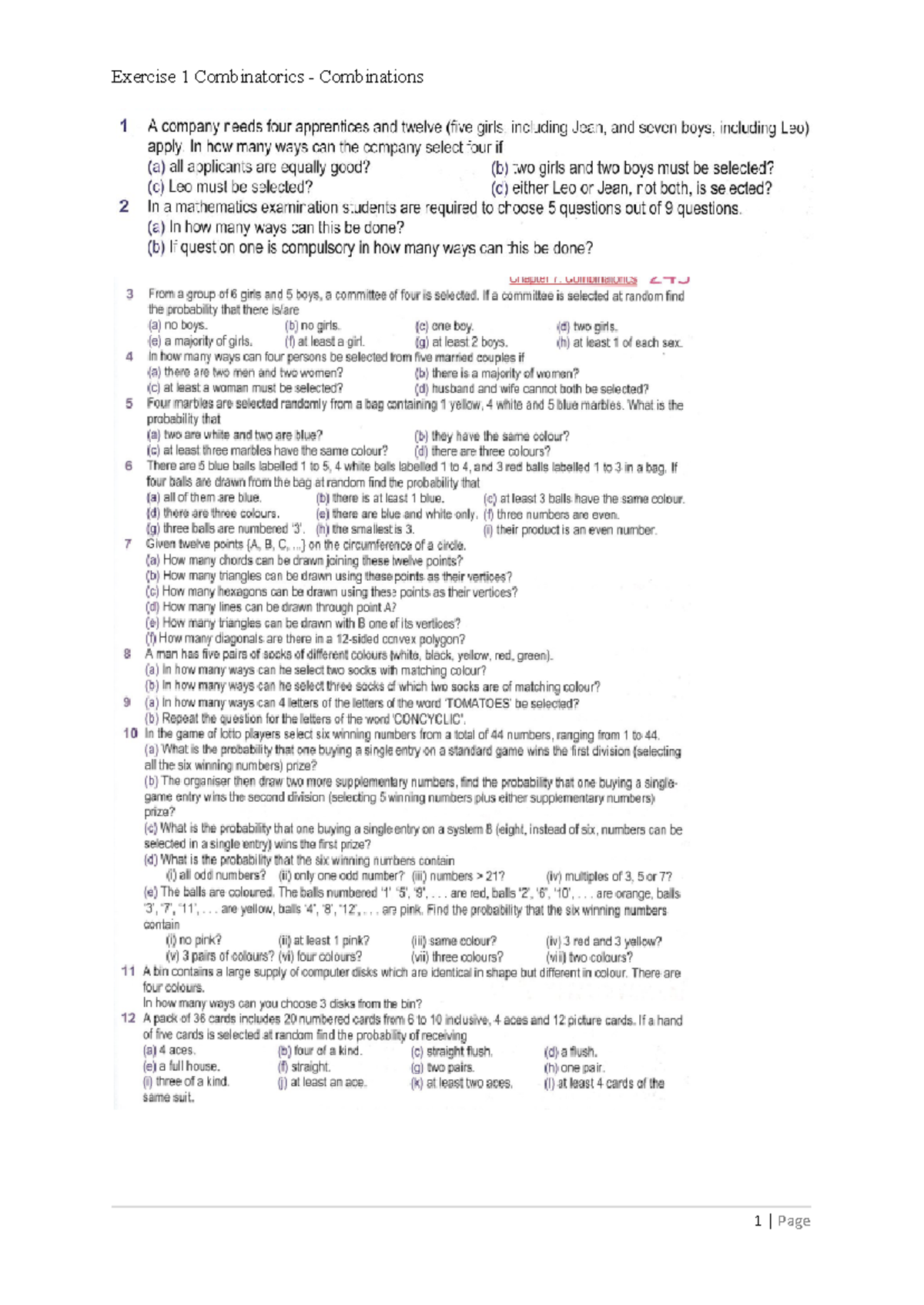 11ME A1 Combinatorics (Lee) - Exercise 1 Combinatorics - Combinations Answers: Answers: Answers ...