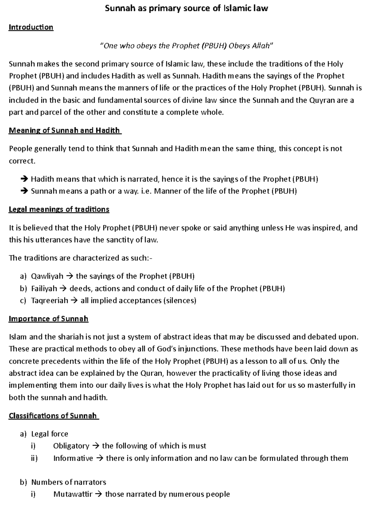 Sunnah as primary source of Islamic law - Hadith means the sayings of ...