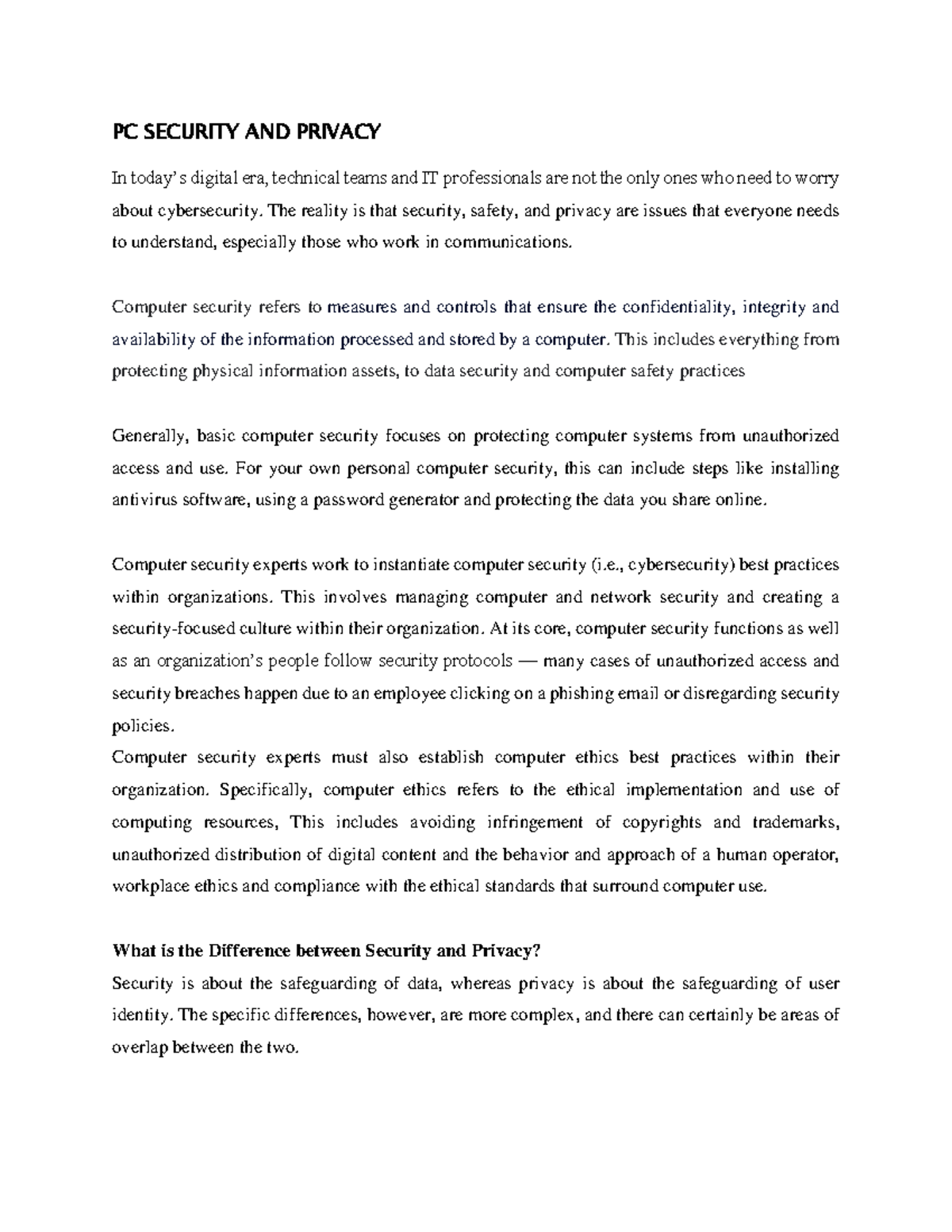 Introduction to programming - PC SECURITY AND PRIVACY In today’s ...