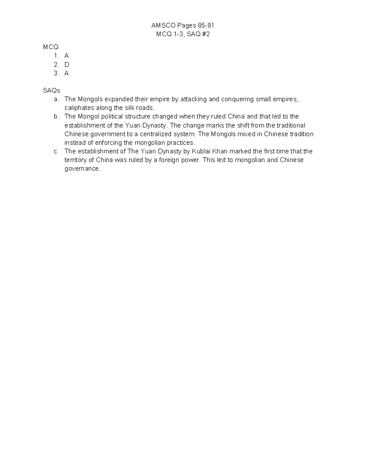 Amsco Pages 85-91 - 19452934 - AMSCO Pages 85- MCQ 1-3, SAQ # MCQ A D A ...