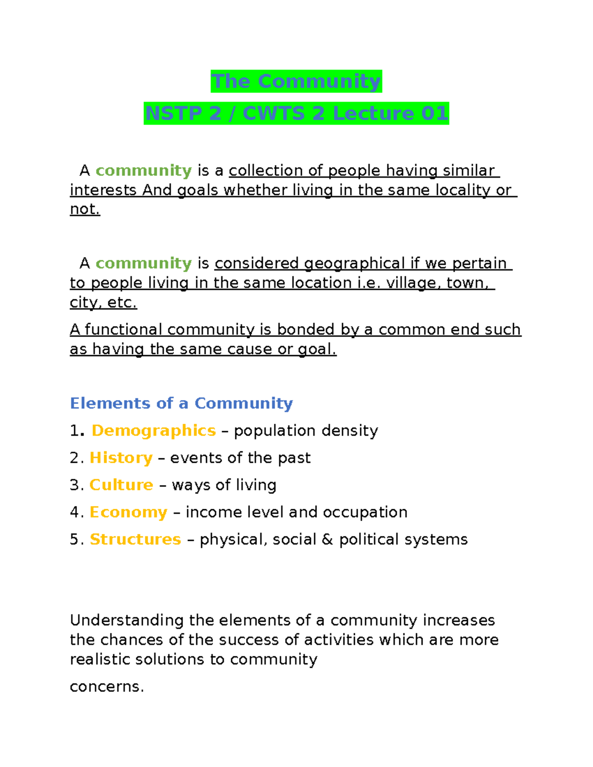 The Community - The Community NSTP 2 / CWTS 2 Lecture 01 A community is ...