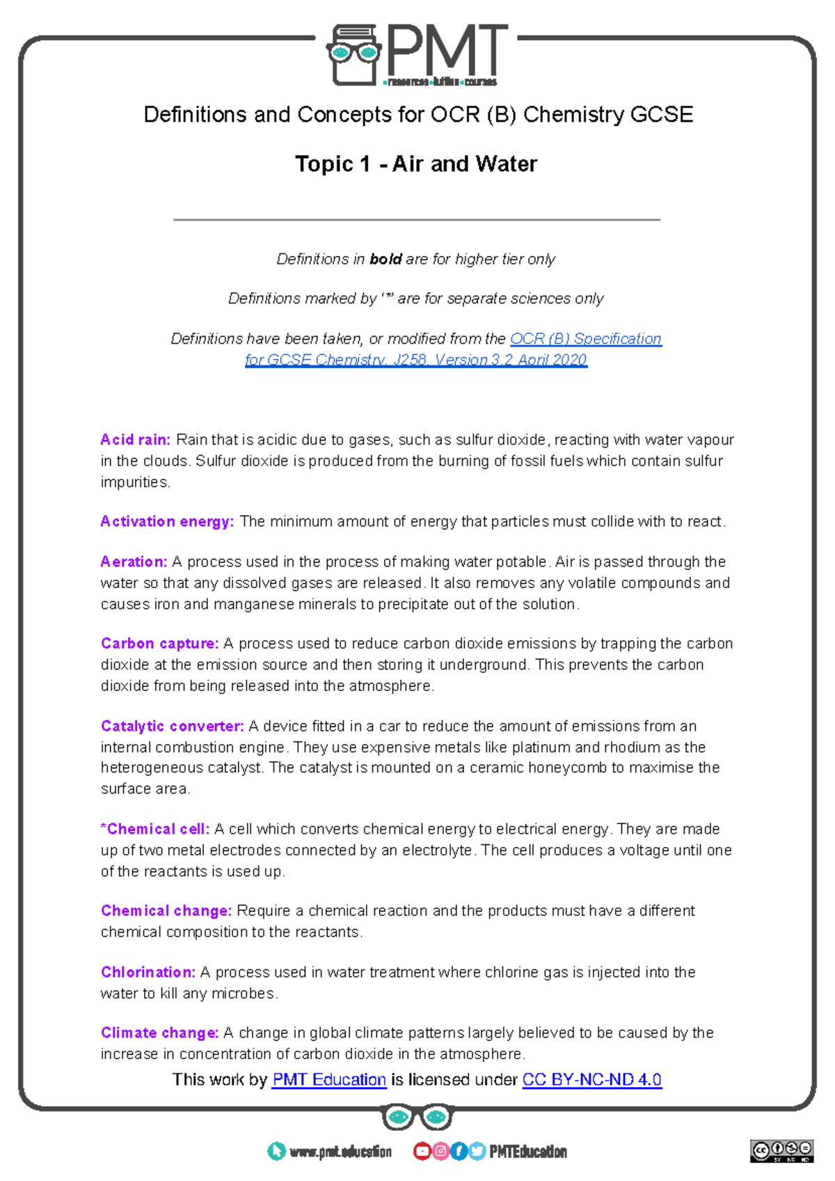 Definitions - Topic 1 Air and Water - OCR (B) Chemistry GCSE - bit/pmt-edu-cc bit/pmt-cc ...