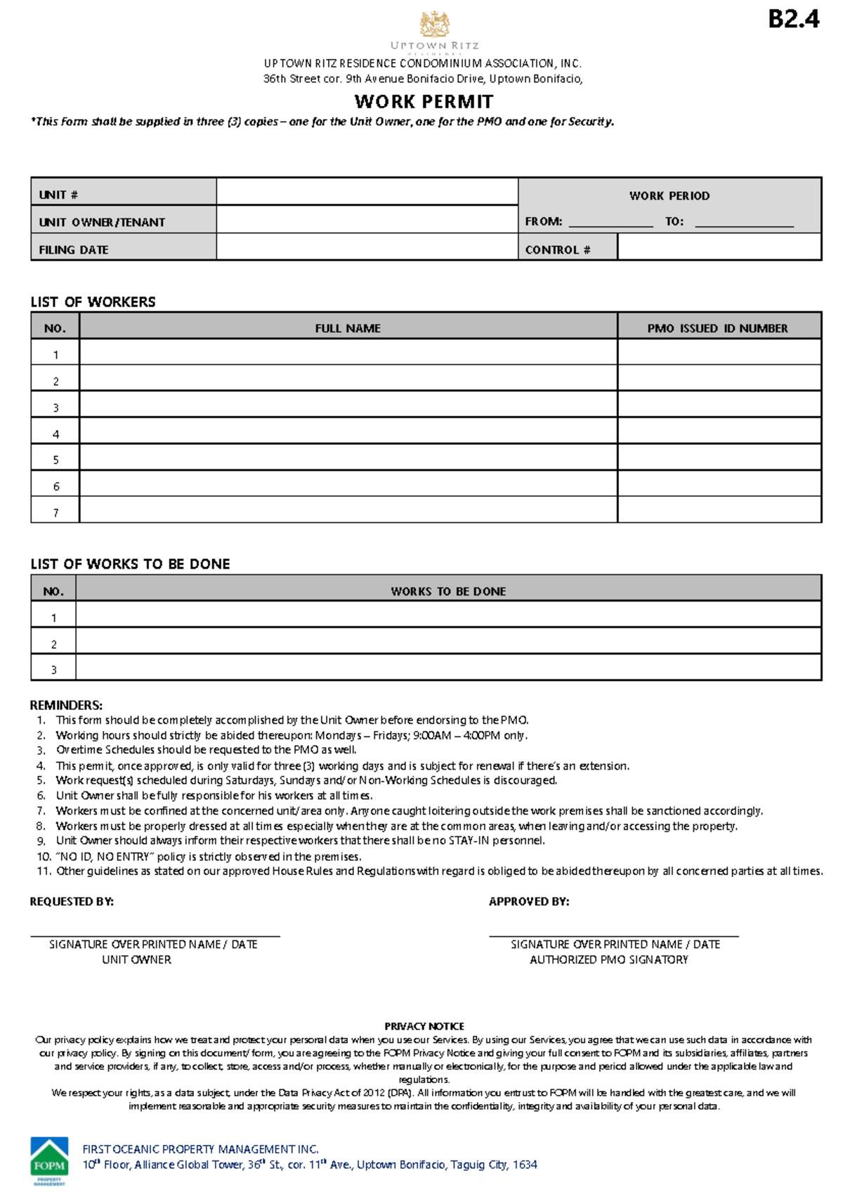 Sample Work Permit - UPTOWN RITZ RESIDENCE CONDOMINIUM ASSOCIATION, INC ...