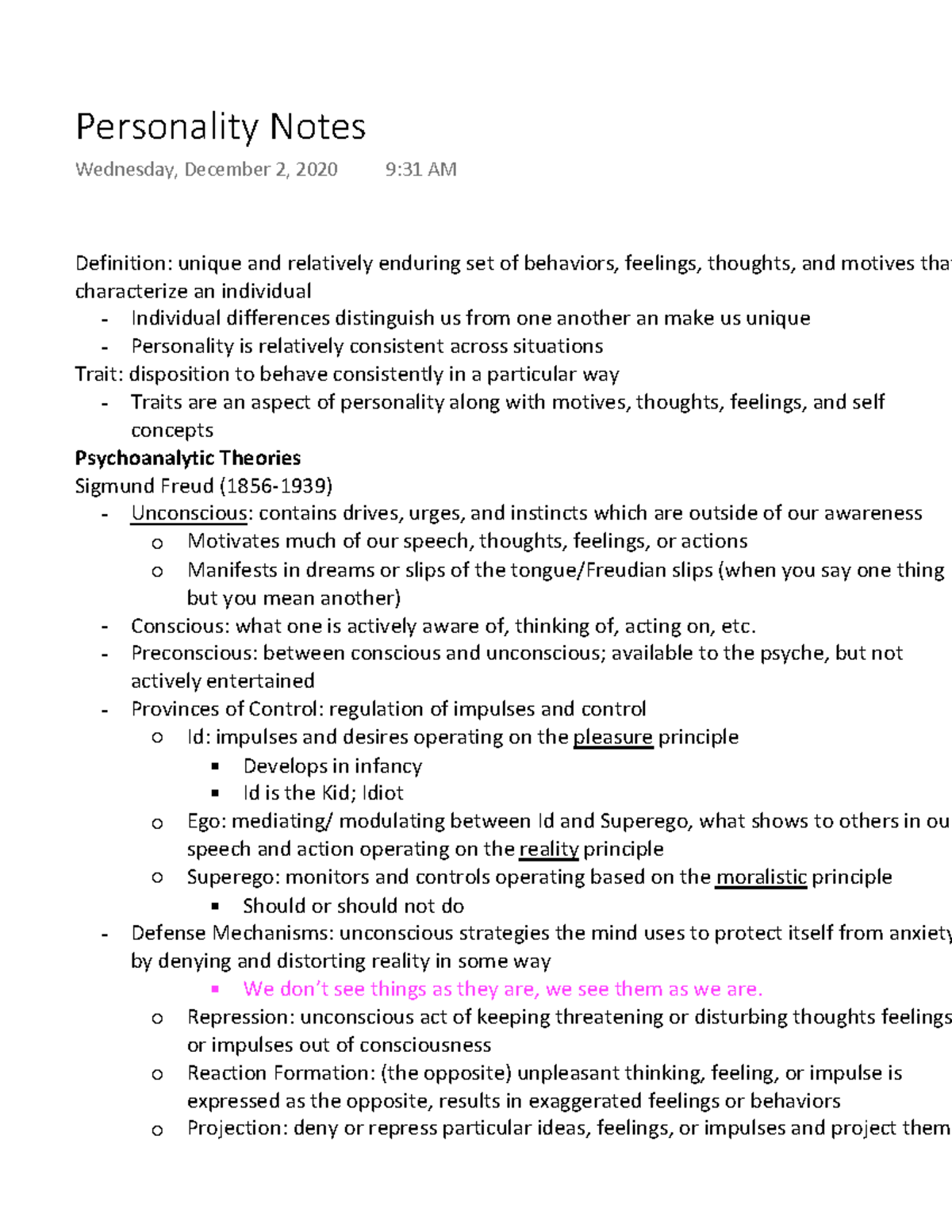 Personality Notes - Definition: unique and relatively enduring set of ...