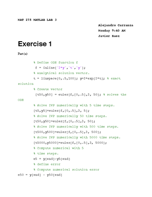 MAT275 Matlab 2 - LAB 2- Jamie Gillian- MAT 275 Excercise 1 Part (a) A ...