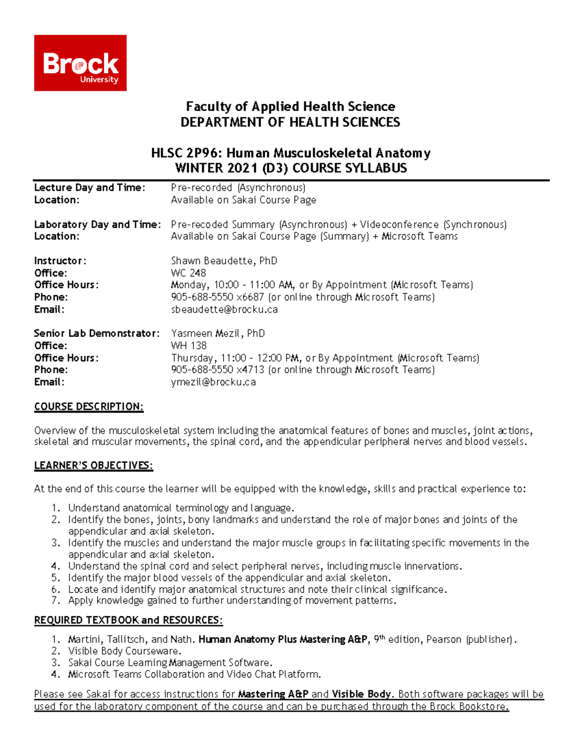HLSC 2P96 Winter 2021 Syllabus - Faculty of Applied Health Science ...