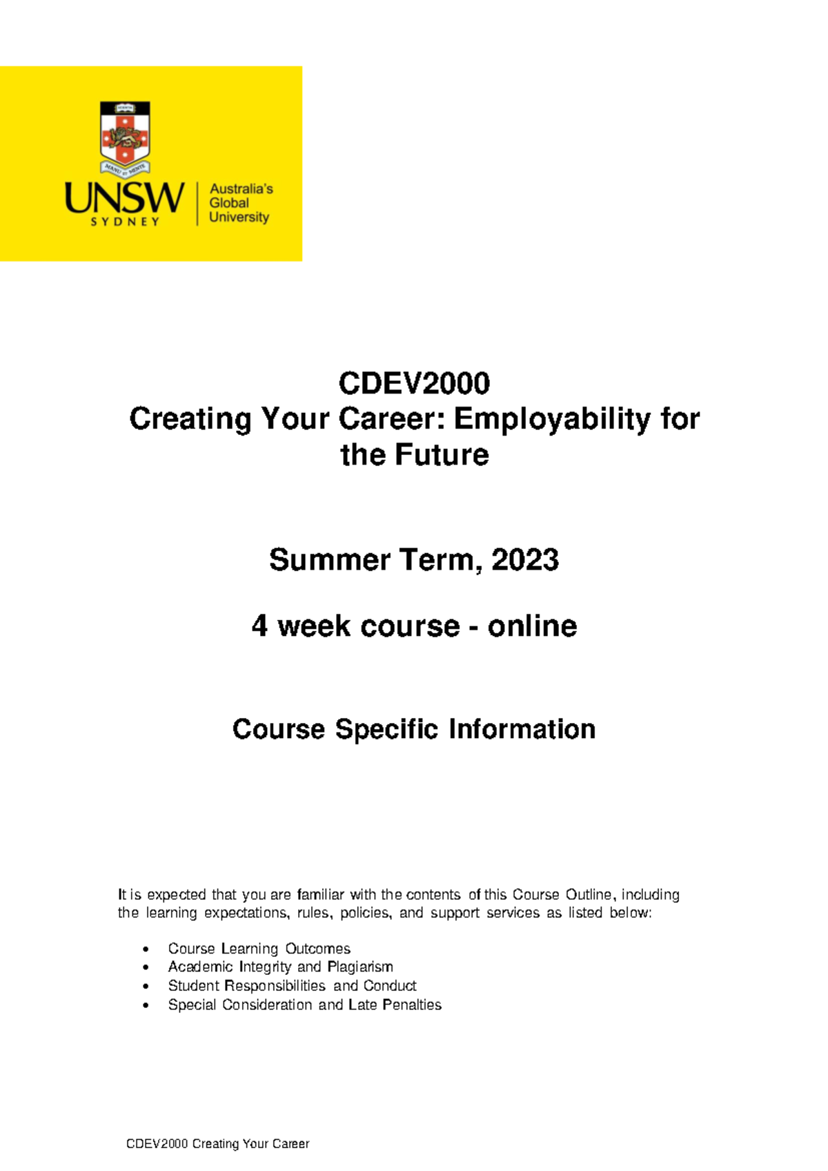 CDEV2000 Creating Your Career Summer Term 2023 Course Outline - CDEV ...