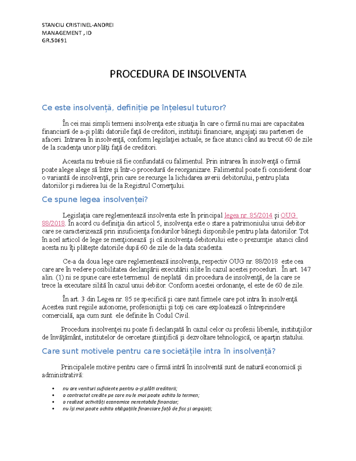 Procedura DE Insolventa - STANCIU CRISTINEL-ANDREI MANAGEMENT , ID GR ...