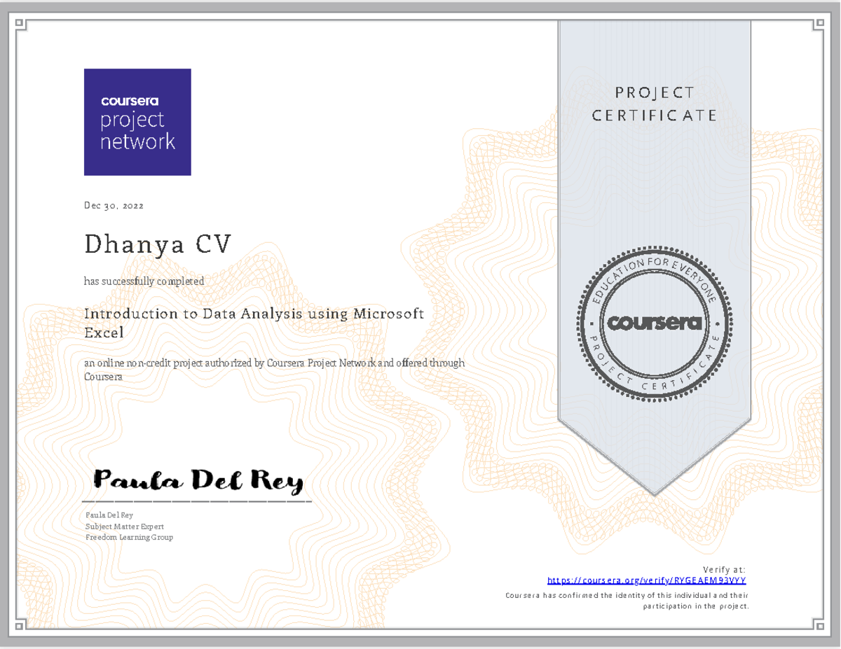 Guided project excel certificate - P R O J E C T C E R T I F I C A T E ...