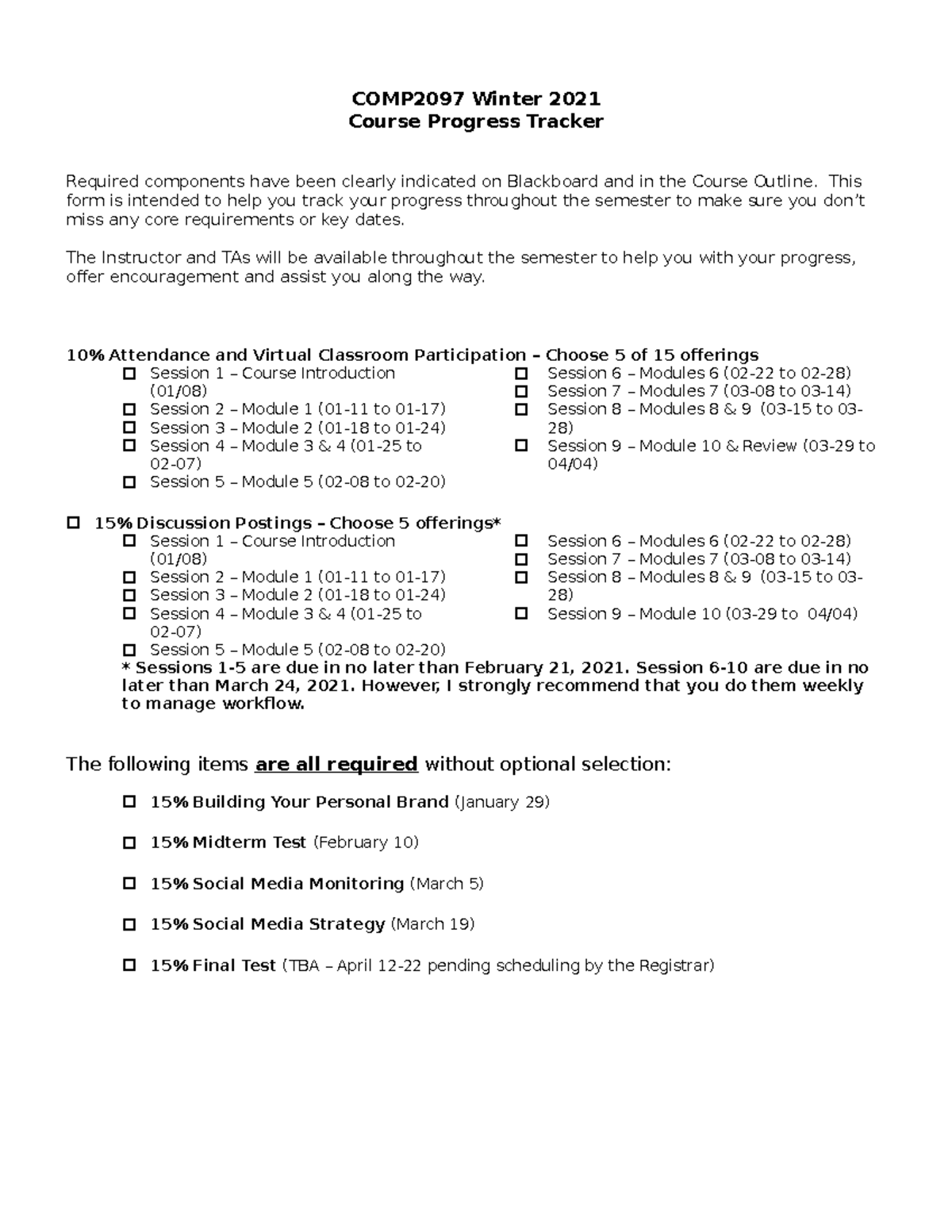 Draft Course Progress Tracker - COMP2097 Winter 2021 Course Progress ...