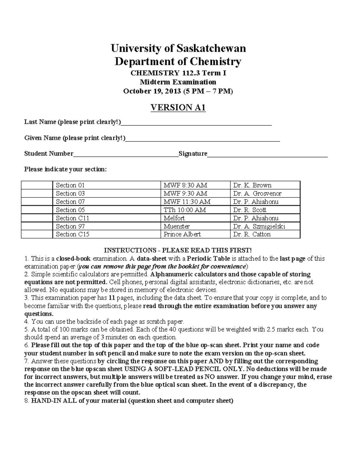 Sample Midterm Exam - University of Saskatchewan Department of ...