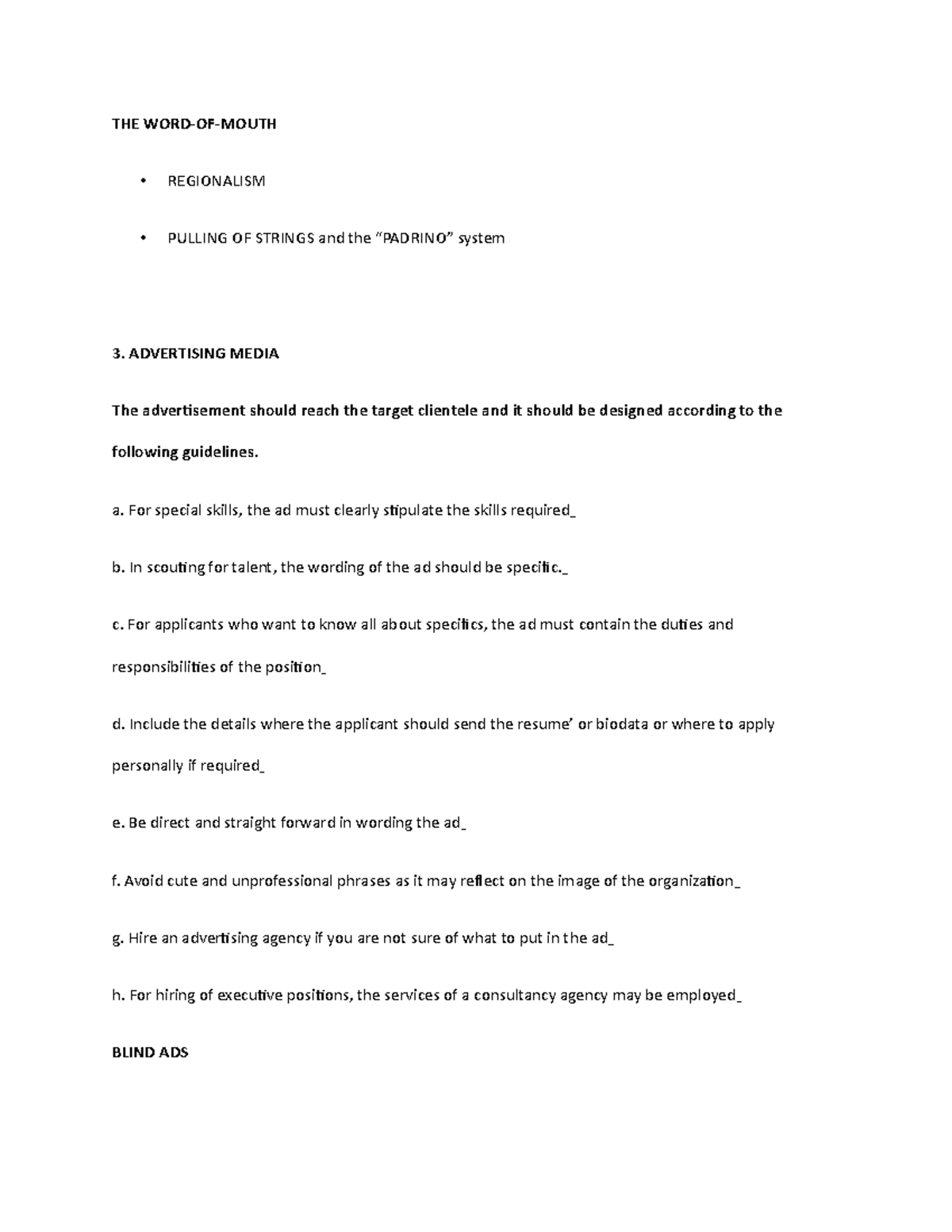 Word of Mouth - • REGIONALISM • PULLING OF STRINGS and the “PADRINO ...