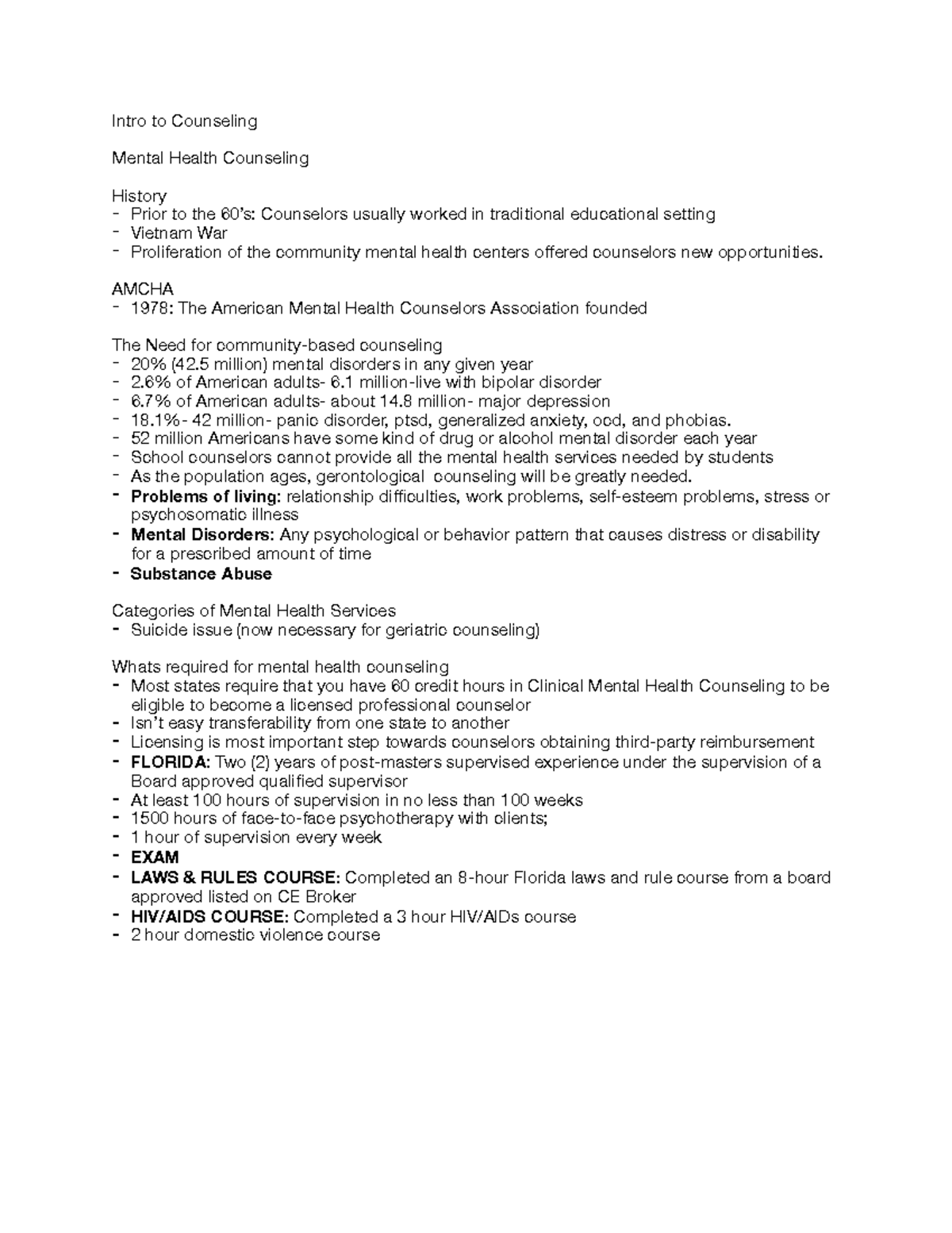 Psych counseling notes - Intro to Counseling Mental Health Counseling ...