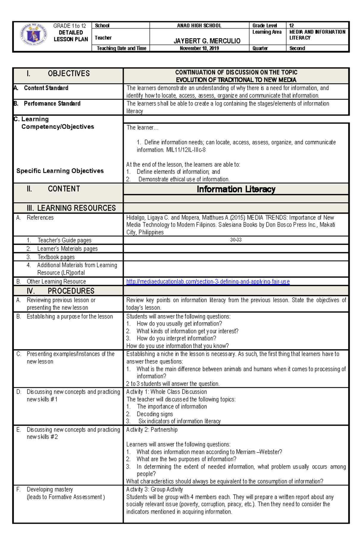 Media and information literacy - GRADE 1 to 12 DETAILED LESSON PLAN ...