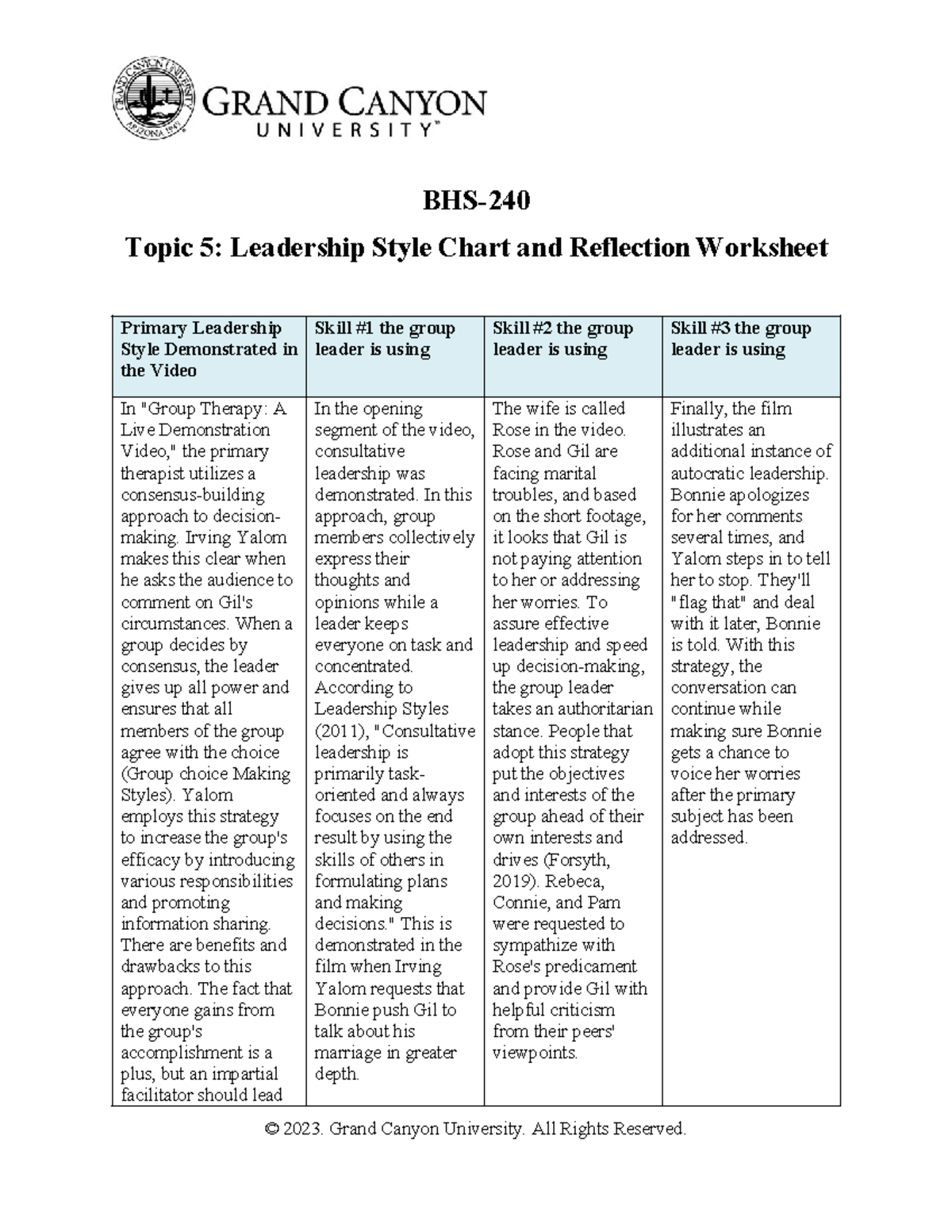 BHS-240 Leadership Style Chart Reflection Worksheet - BHS- Topic 5 ...
