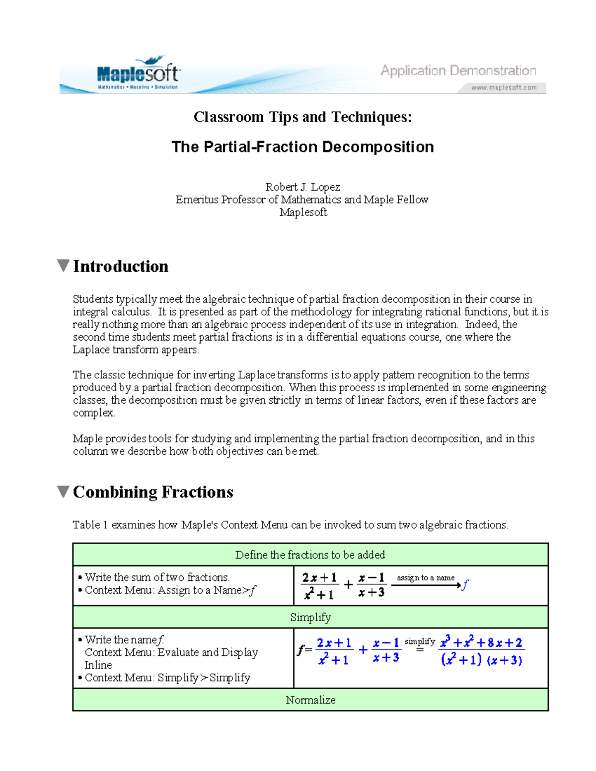 Tt partial fractions - Maple - Classroom Tips and Techniques: The ...