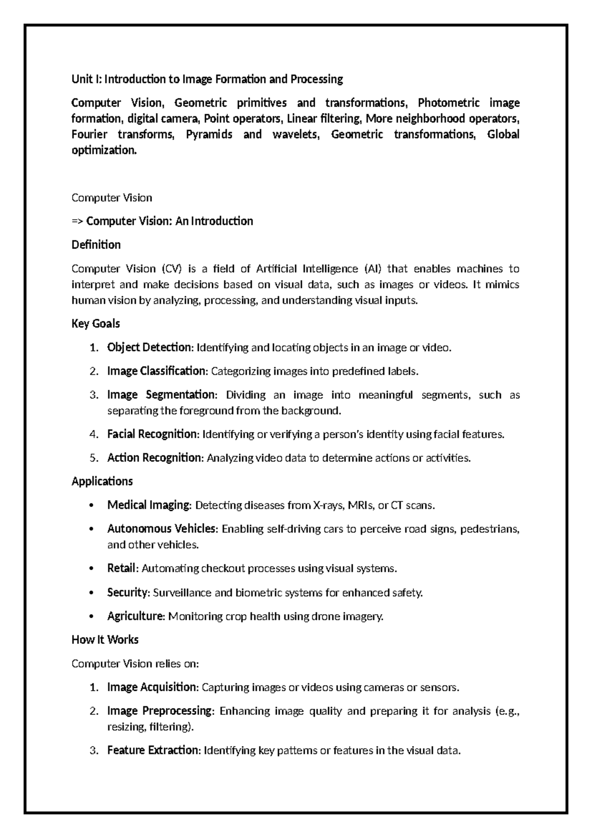 Unit I AI for CV - AI 4 computer vision - Unit I: Introduction to Image Formation and Processing ...