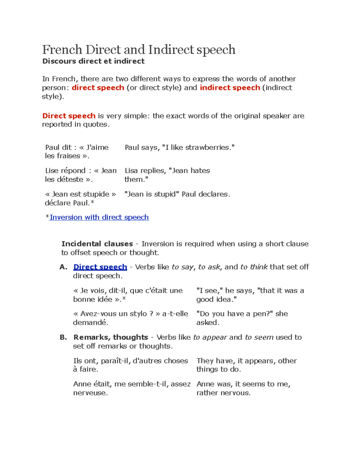Directindirectdiscourse - French Direct and Indirect speech Discours ...