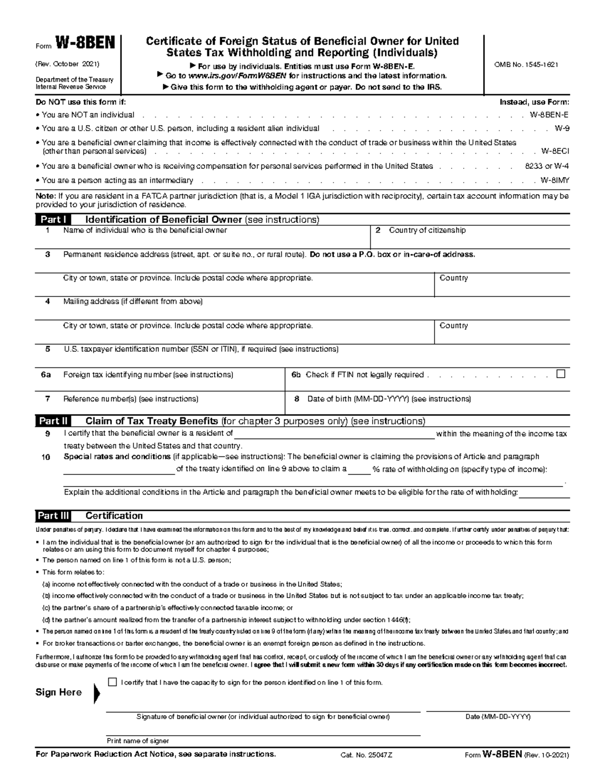 Form W-8 BEN - Application - Form W-8BEN (Rev. October 2021) Department ...