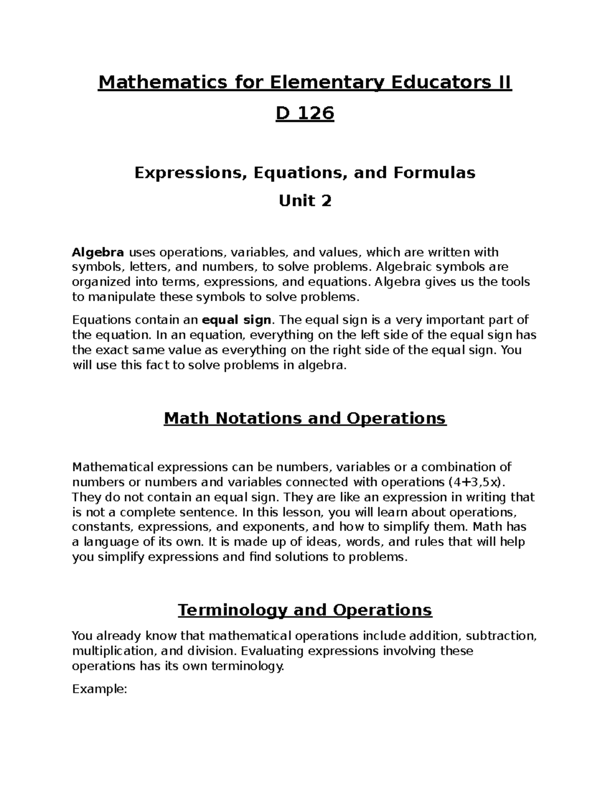Mathematics for Elementary Educators II - Algebraic symbols are ...