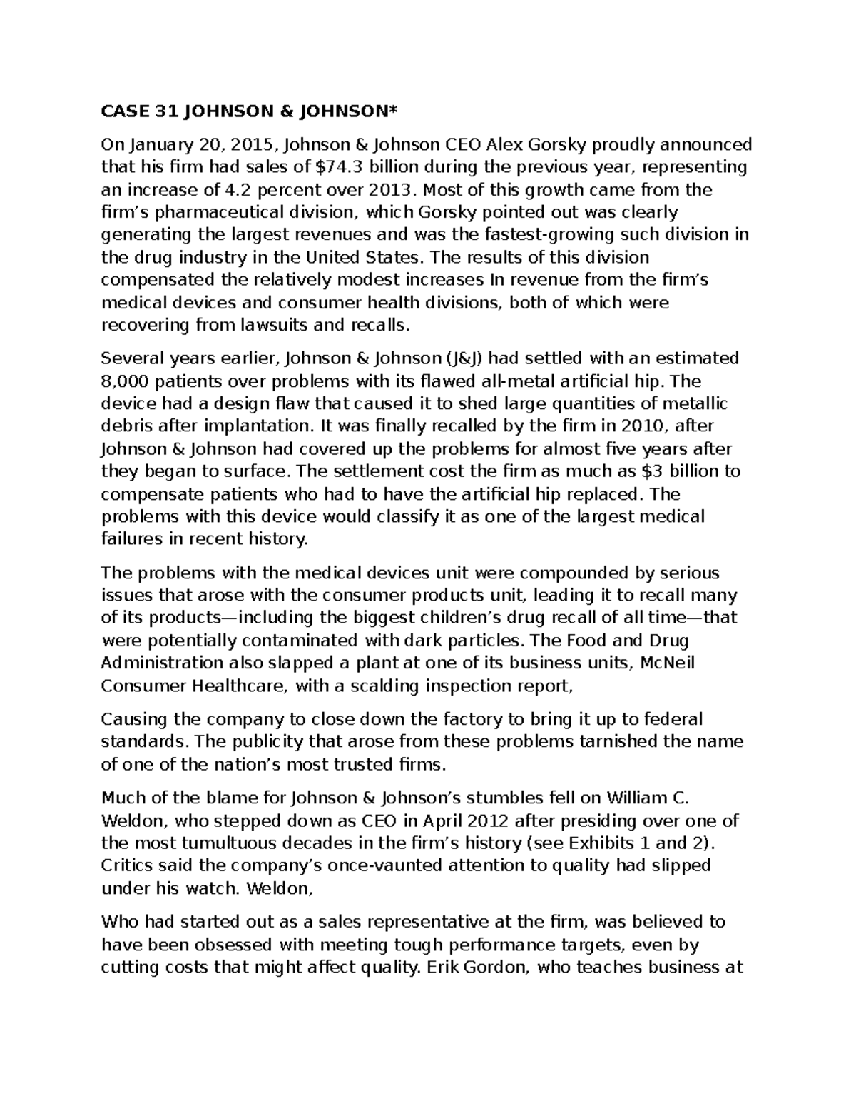 J^L0J CASE Study - notes - CASE 31 JOHNSON & JOHNSON* On January 20 ...