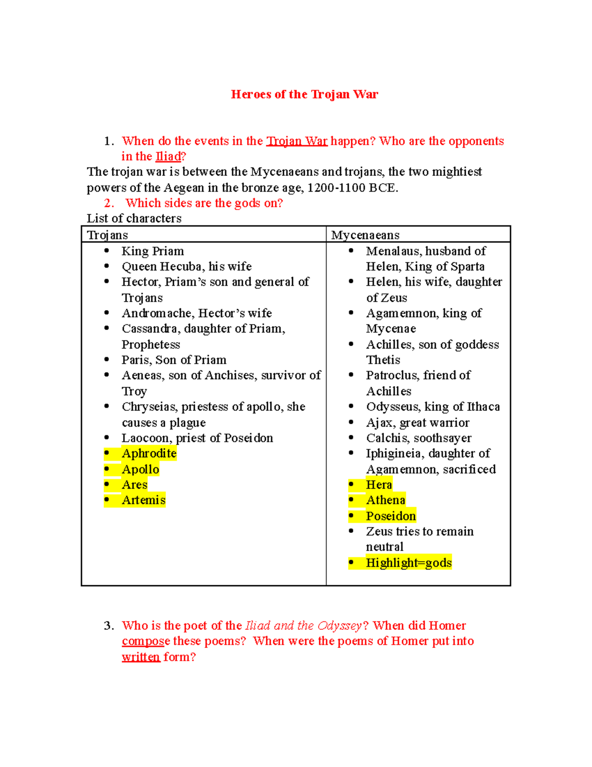 Questions for Trojan War - Heroes of the Trojan War When do the events ...