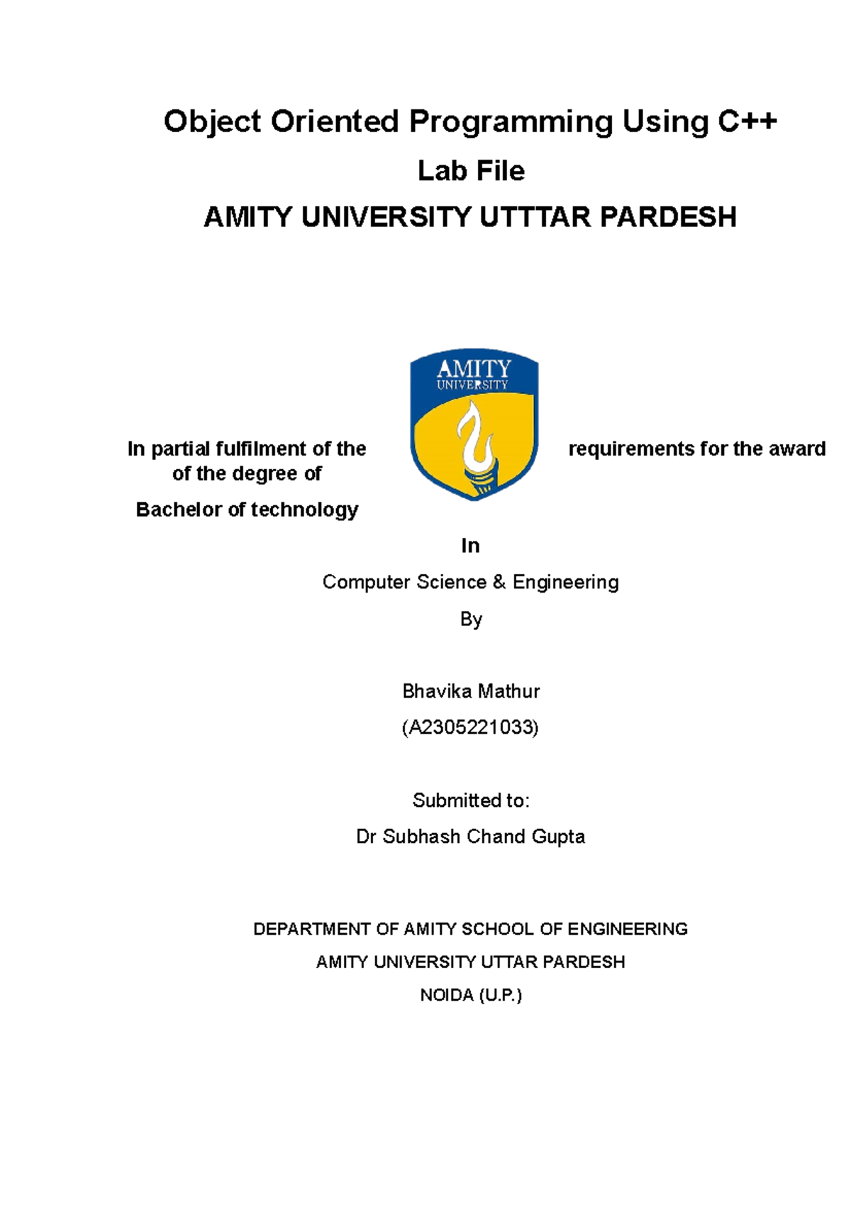 Oops Lab File Amity University Object Oriented Programming Using C Lab File Amity University 