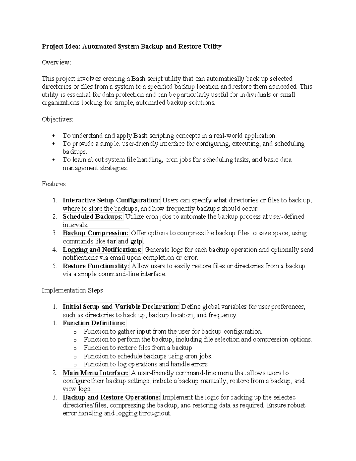 Project Idea Unix - ........ - Project Idea: Automated System Backup ...