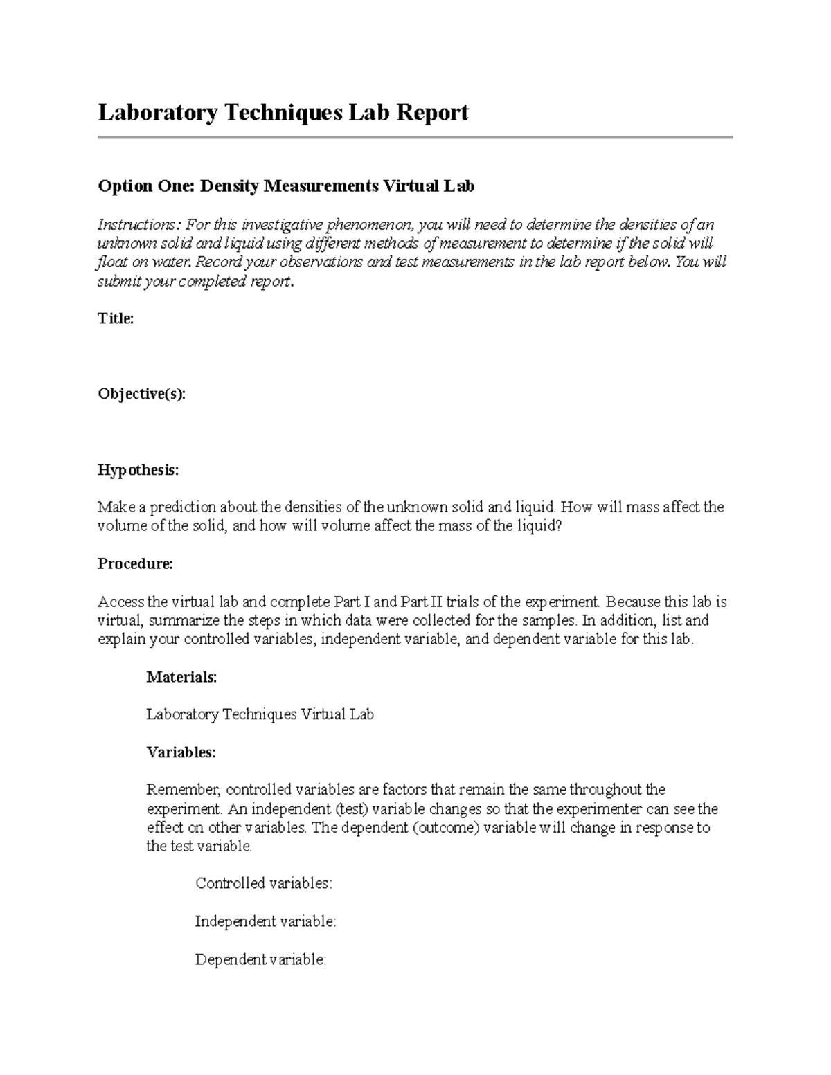 Laboratory techniques option one report - Laboratory Techniques Lab ...