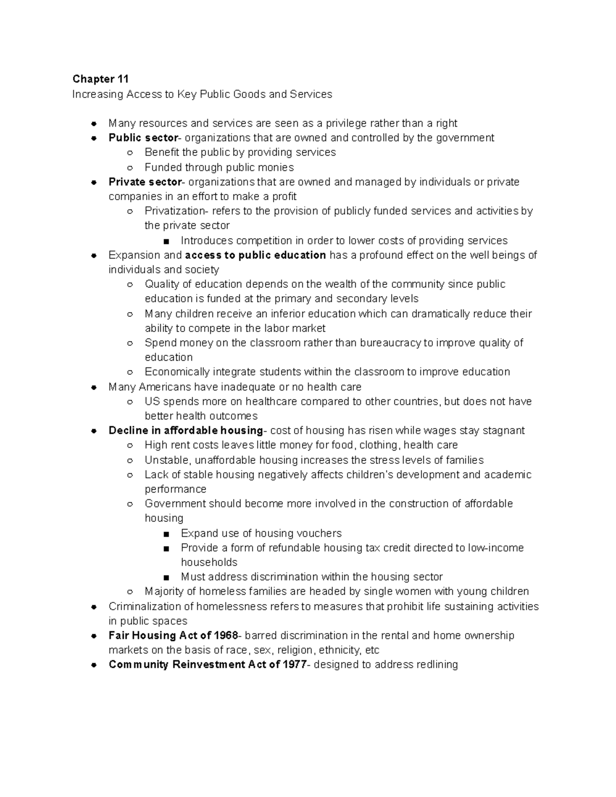 Chapter 11 Notes - Chapter 11 Increasing Access to Key Public Goods and ...