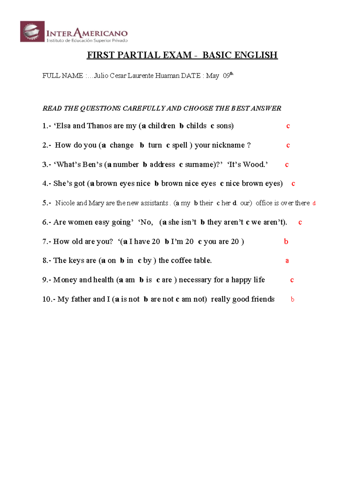 First Partial EXAM - solucionario - FIRST PARTIAL EXAM - BASIC ENGLISH ...