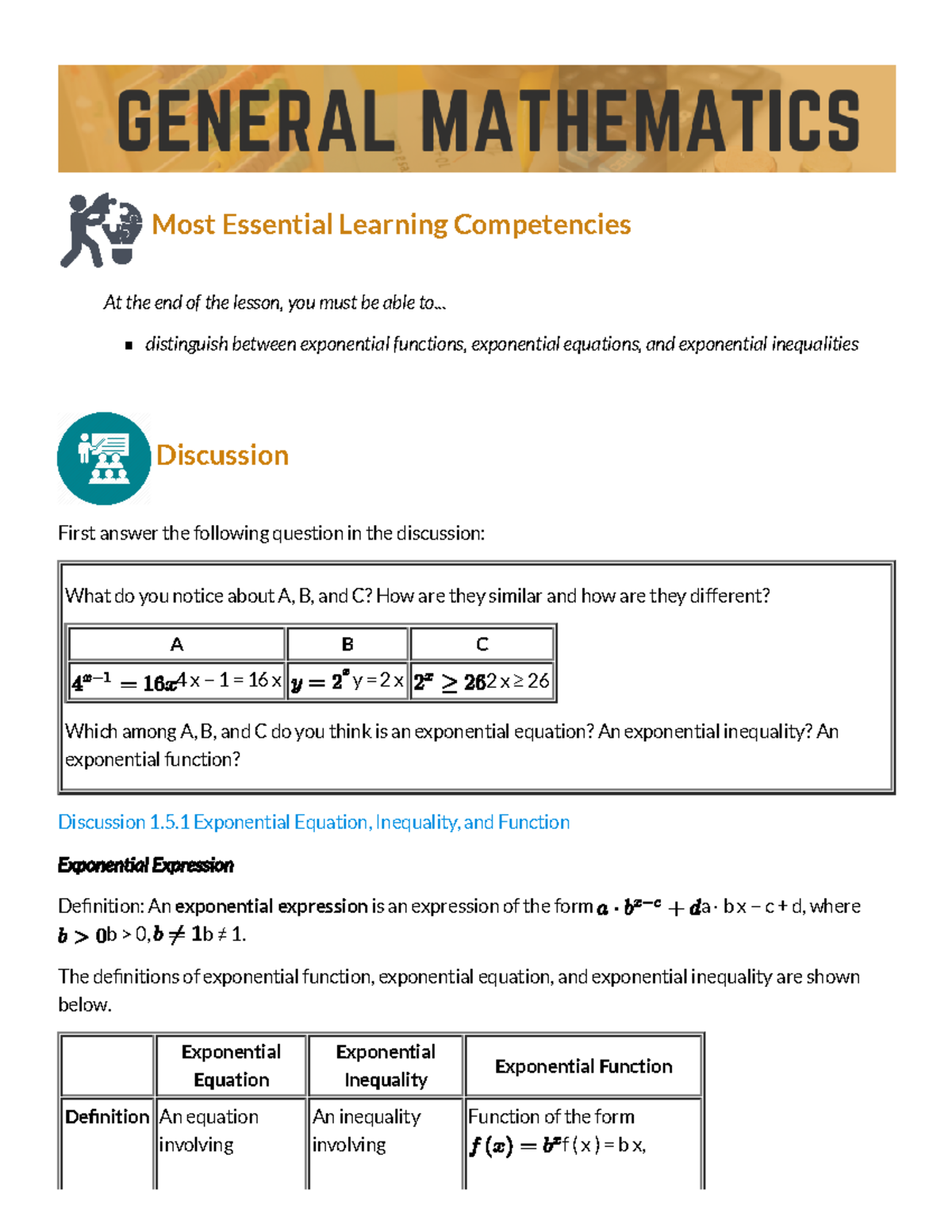 Lesson 1.5.1 Exponential Equation, Inequality, and Function - Most ...