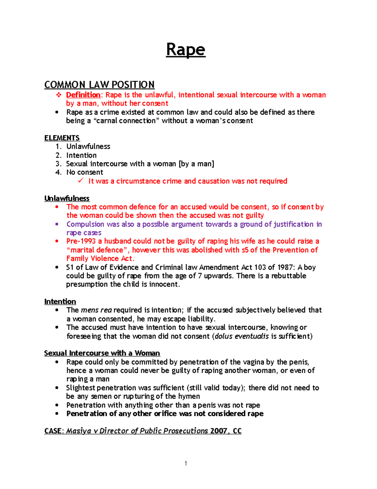 20 CR - Rape lecture - Rape COMMON LAW POSITION Definition: Rape is the ...