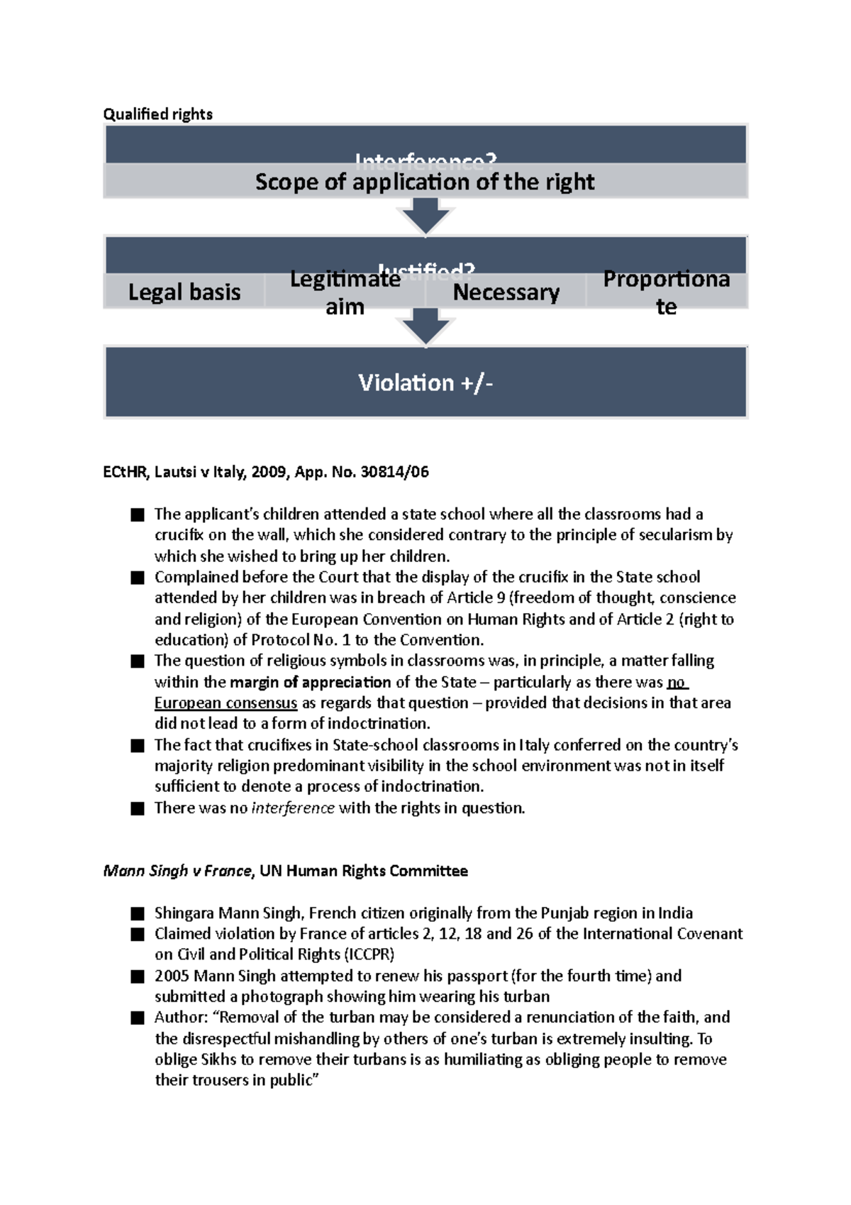 Human rights and religon - Qualified rights ECtHR, Lautsi v Italy, 2009 ...