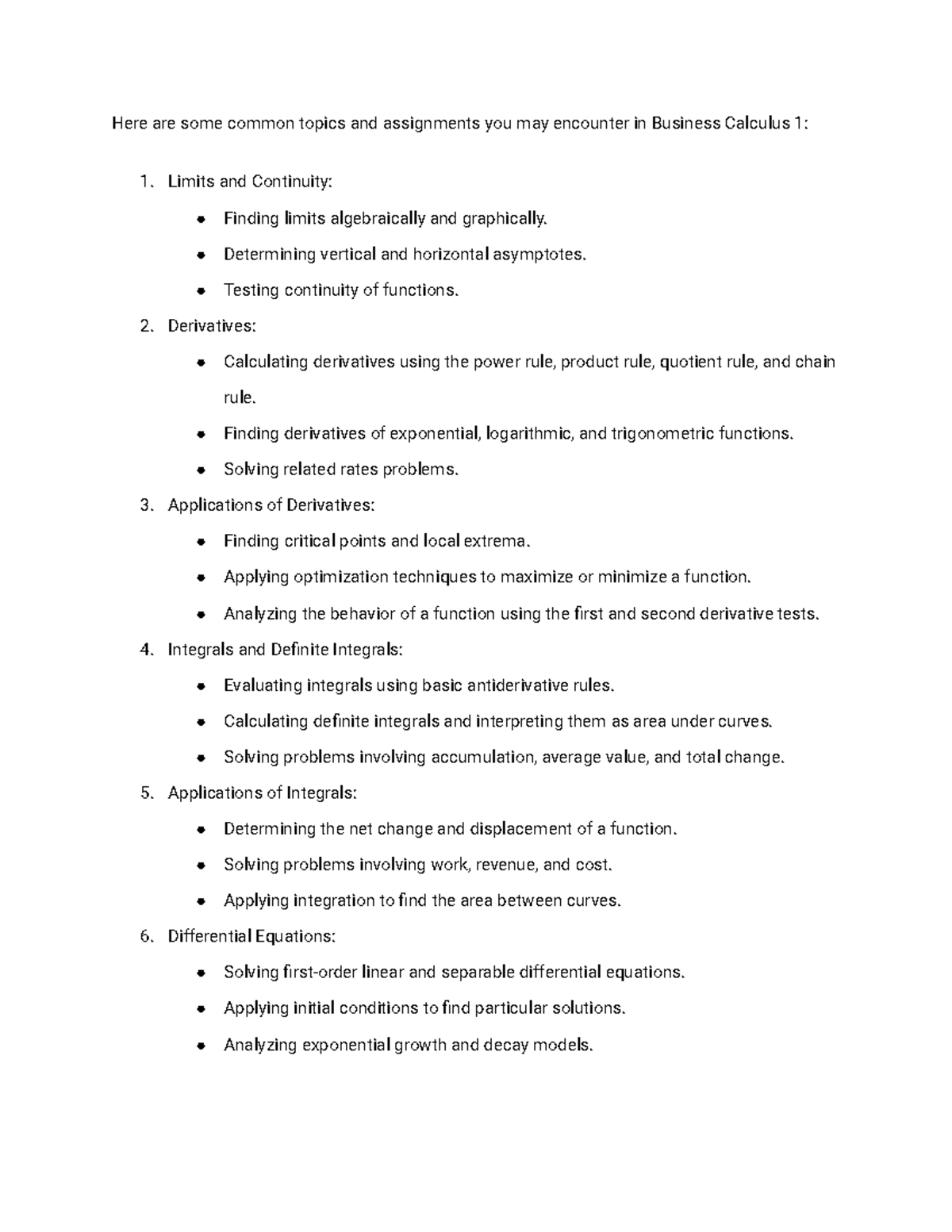 Business Calculus 1 assignments - Here are some common topics and ...
