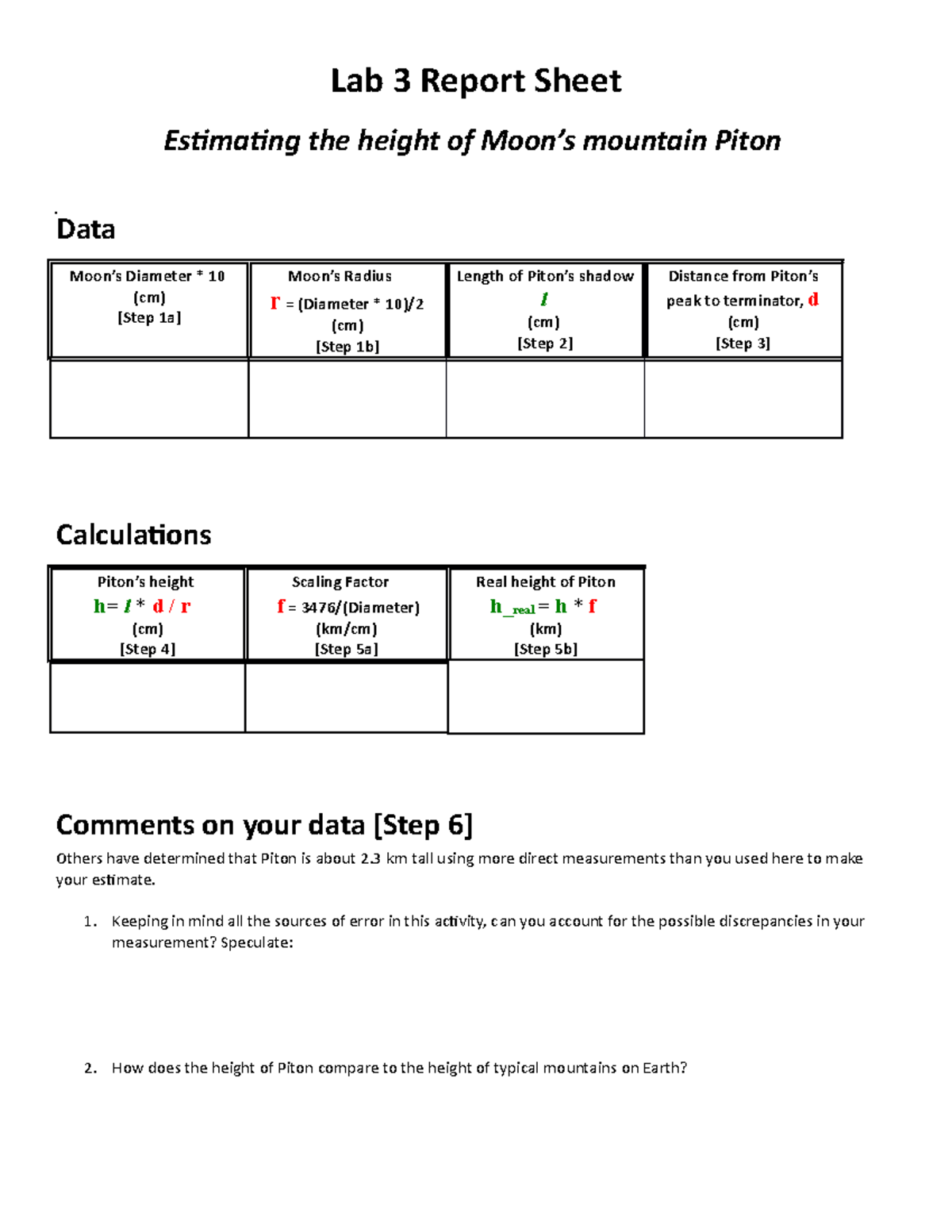 report sheet for 3 - Lab 3 Report Sheet Estimating the height of Moon’s mountain Piton Data ...