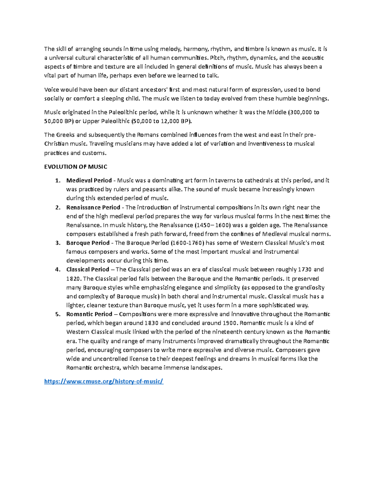 Brief History of Music - this is a description of the note - The skill ...