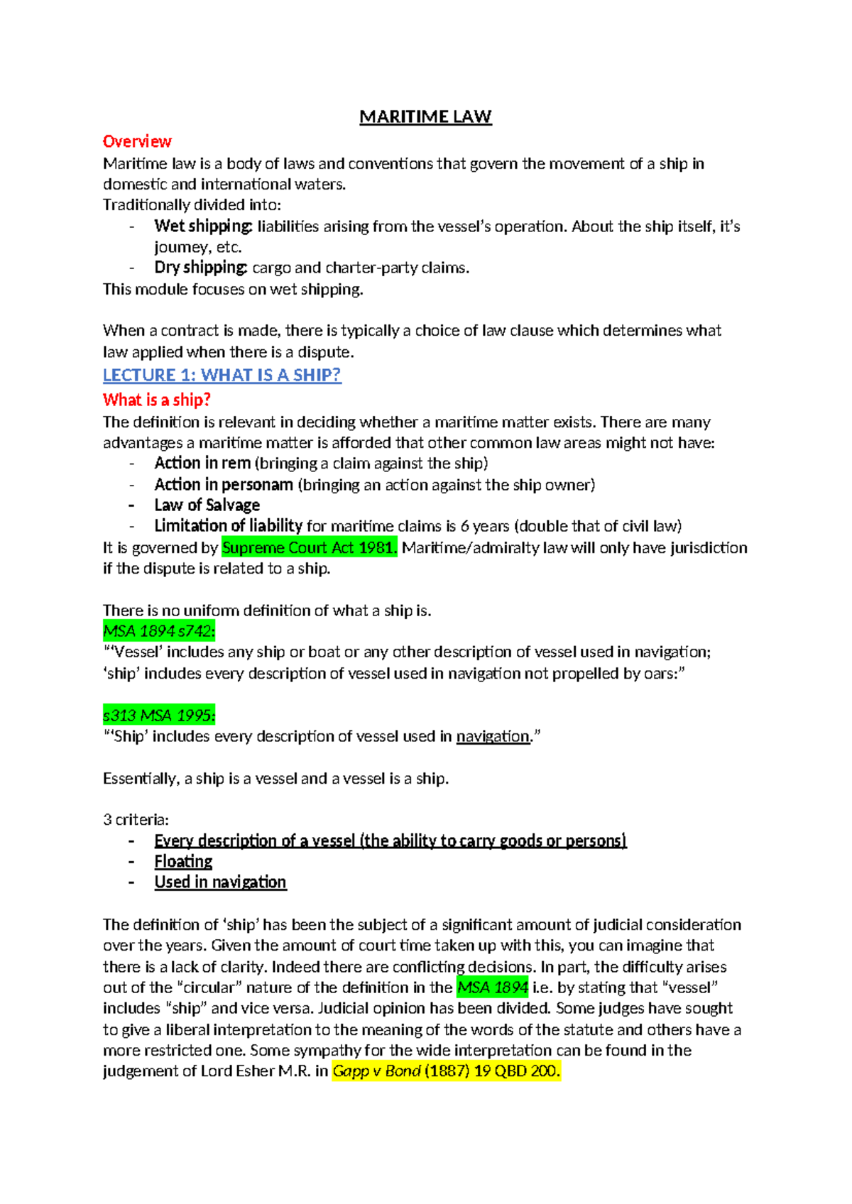 Maritime Law Notes - MARITIME LAW Overview Maritime law is a body of ...