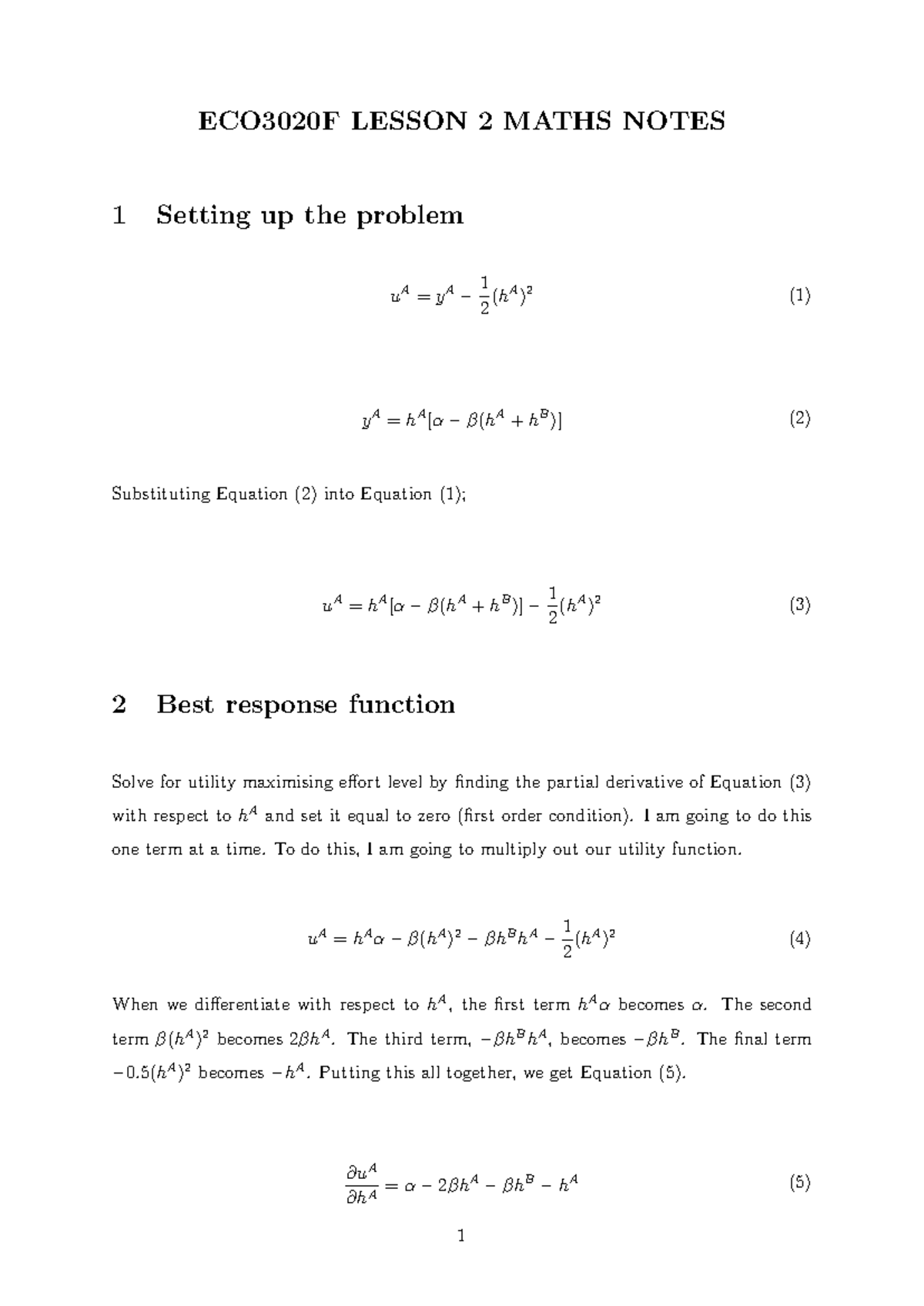 Lesson 2 Maths Notes - ECO3020F LESSON 2 MATHS NOTES 1 Setting up the ...
