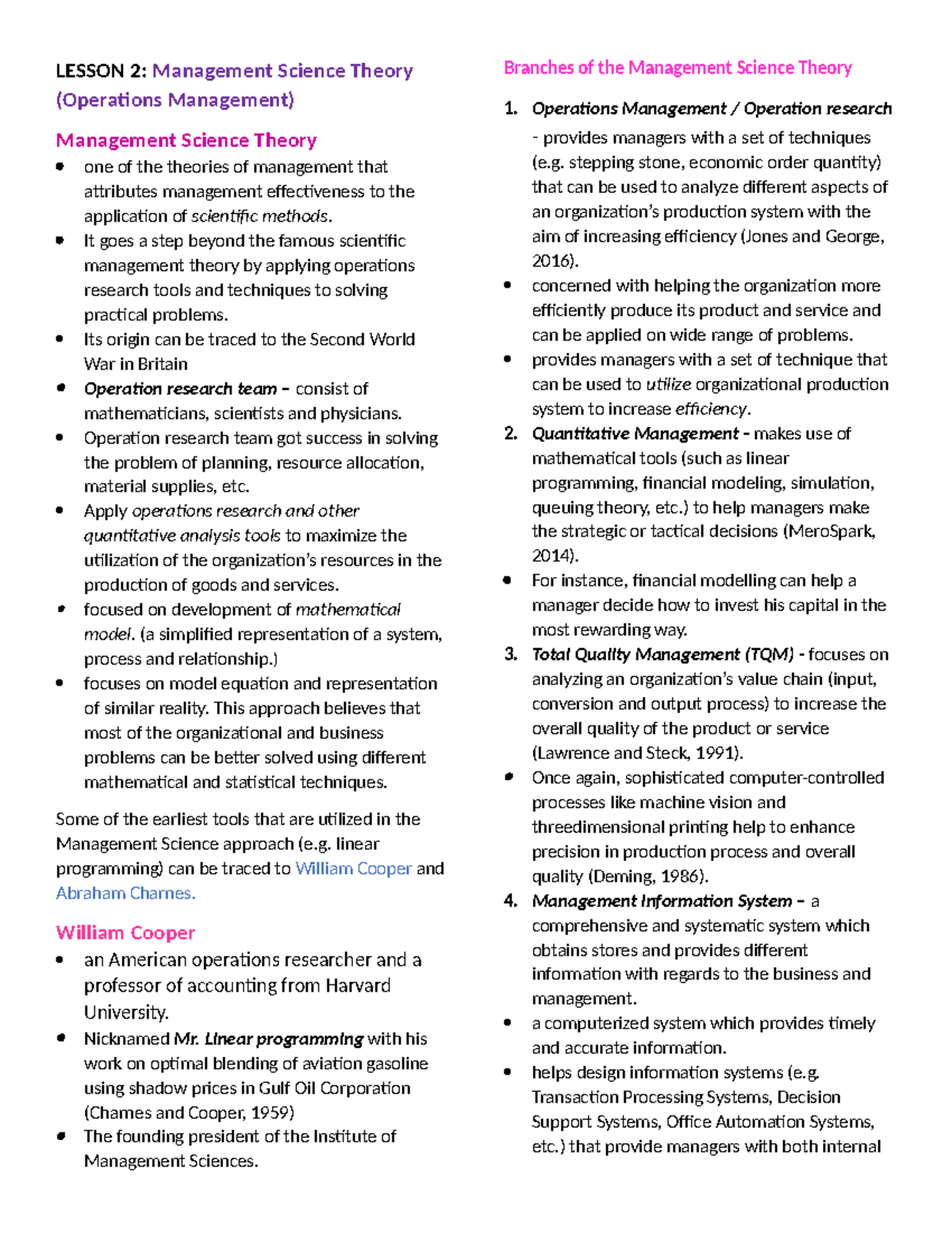 Mansci Notes 2 - LESSON 2: Management Science Theory (Operations ...