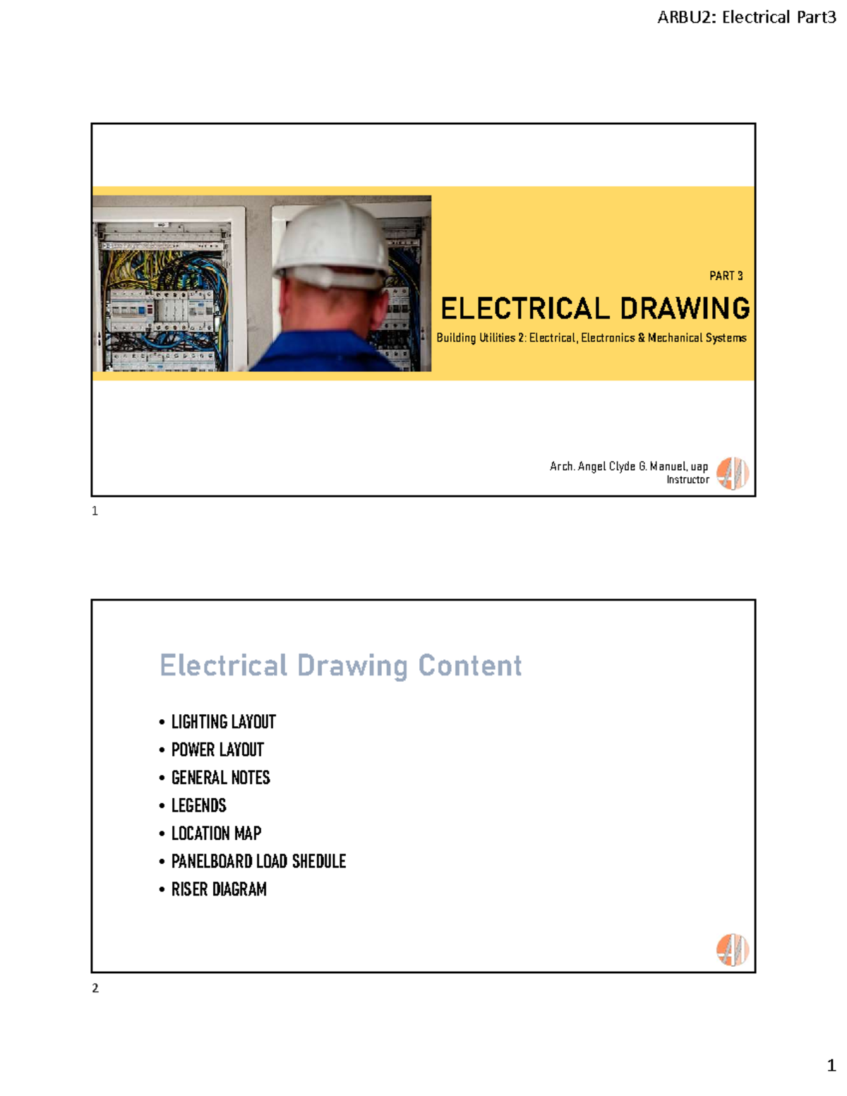ARBU2 Module 4-Electrical P3 - ELECTRICAL DRAWING Arch. Angel Clyde G. Manuel, uap Building ...
