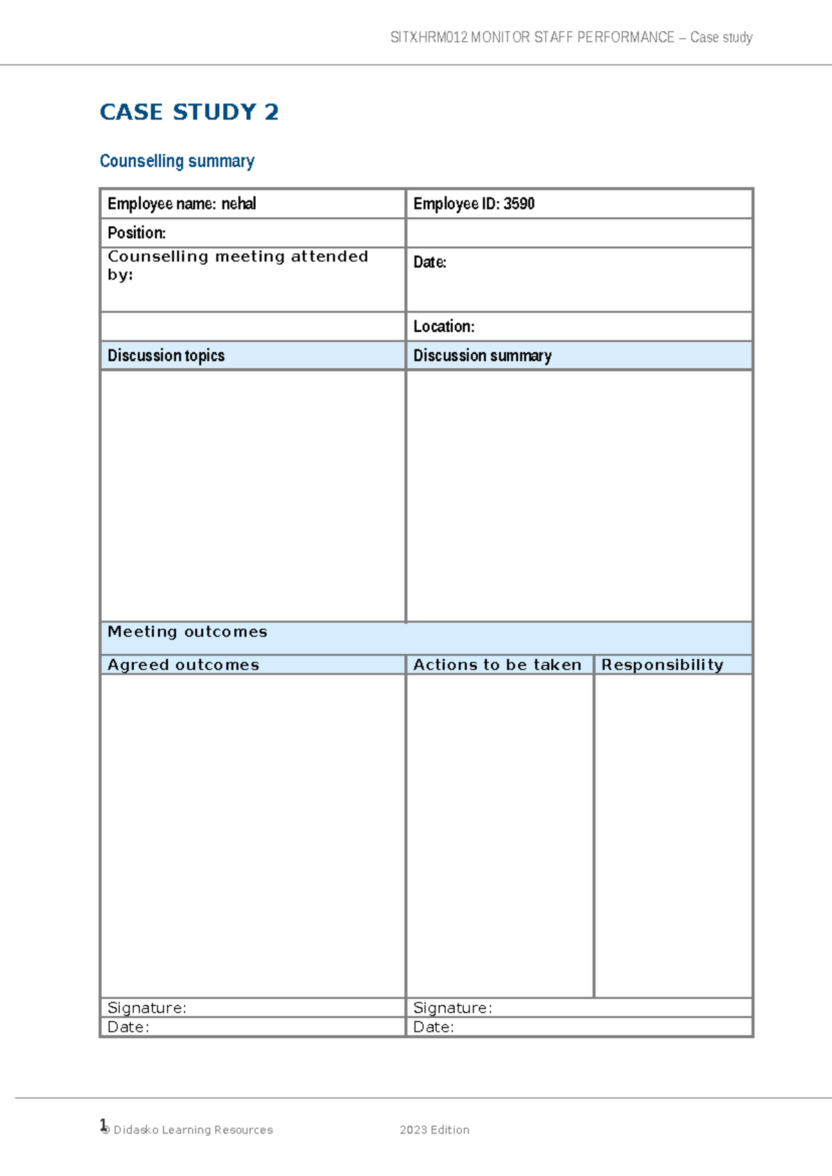 Sitxhrm 012 Assessment C Case study 2 Counselling summary V4-0 ...