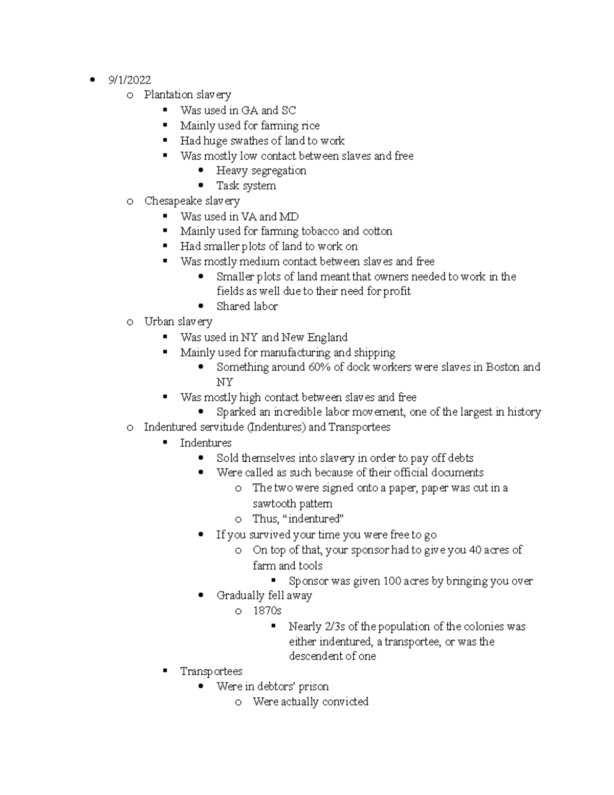 HIST 2381 - Notes - Natalie Ring - 9/1/ o Plantation slavery Was used ...