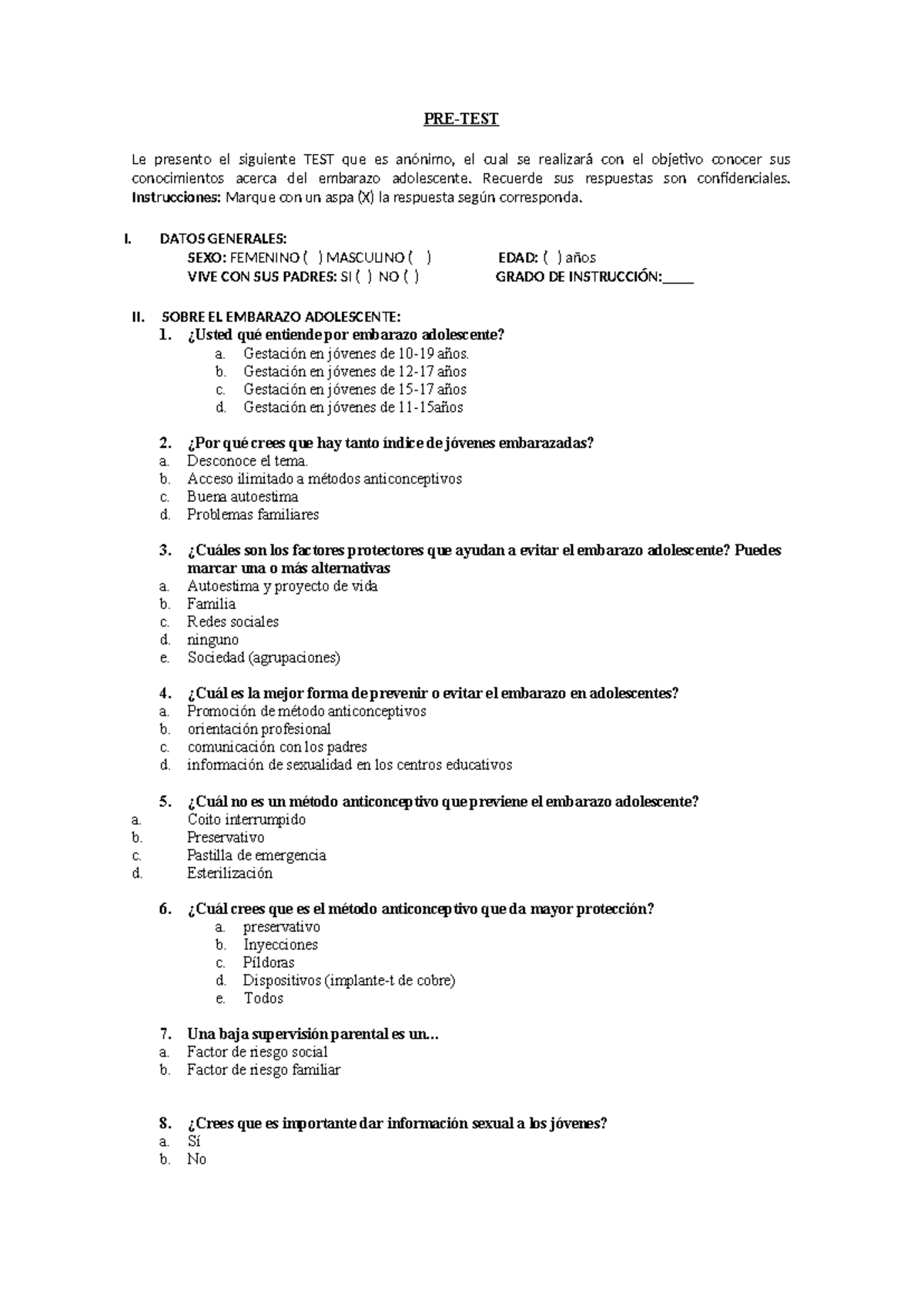 Pre y post test - PRE Y POST TEST PARA ESTUDIAR - PRE-TEST Le presento ...