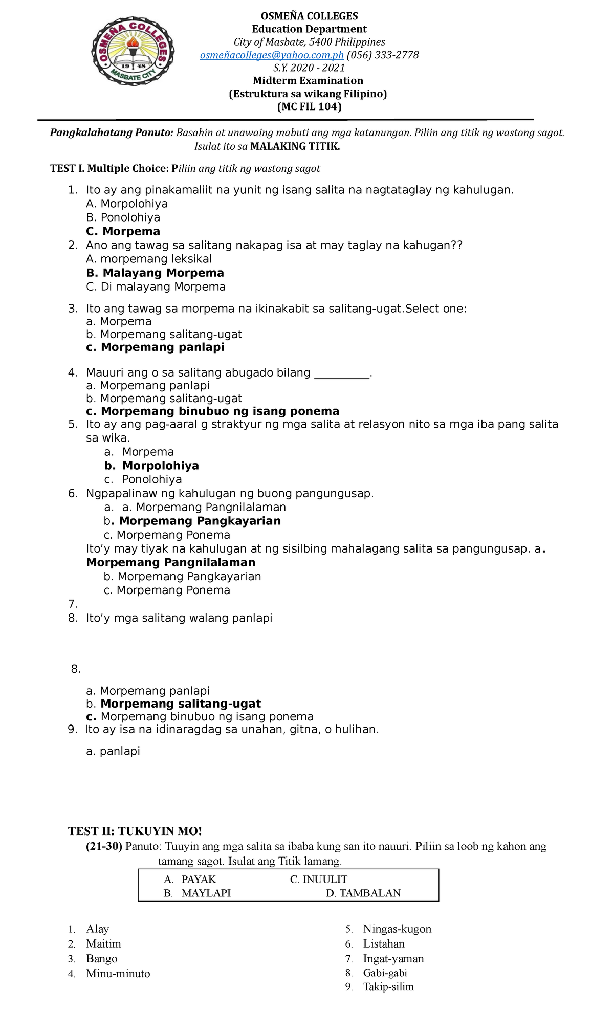 Prelim-EXAMINATION FOR ESTRUKTURANG PAGGAMIT NG WIKANG FILIPINO ...