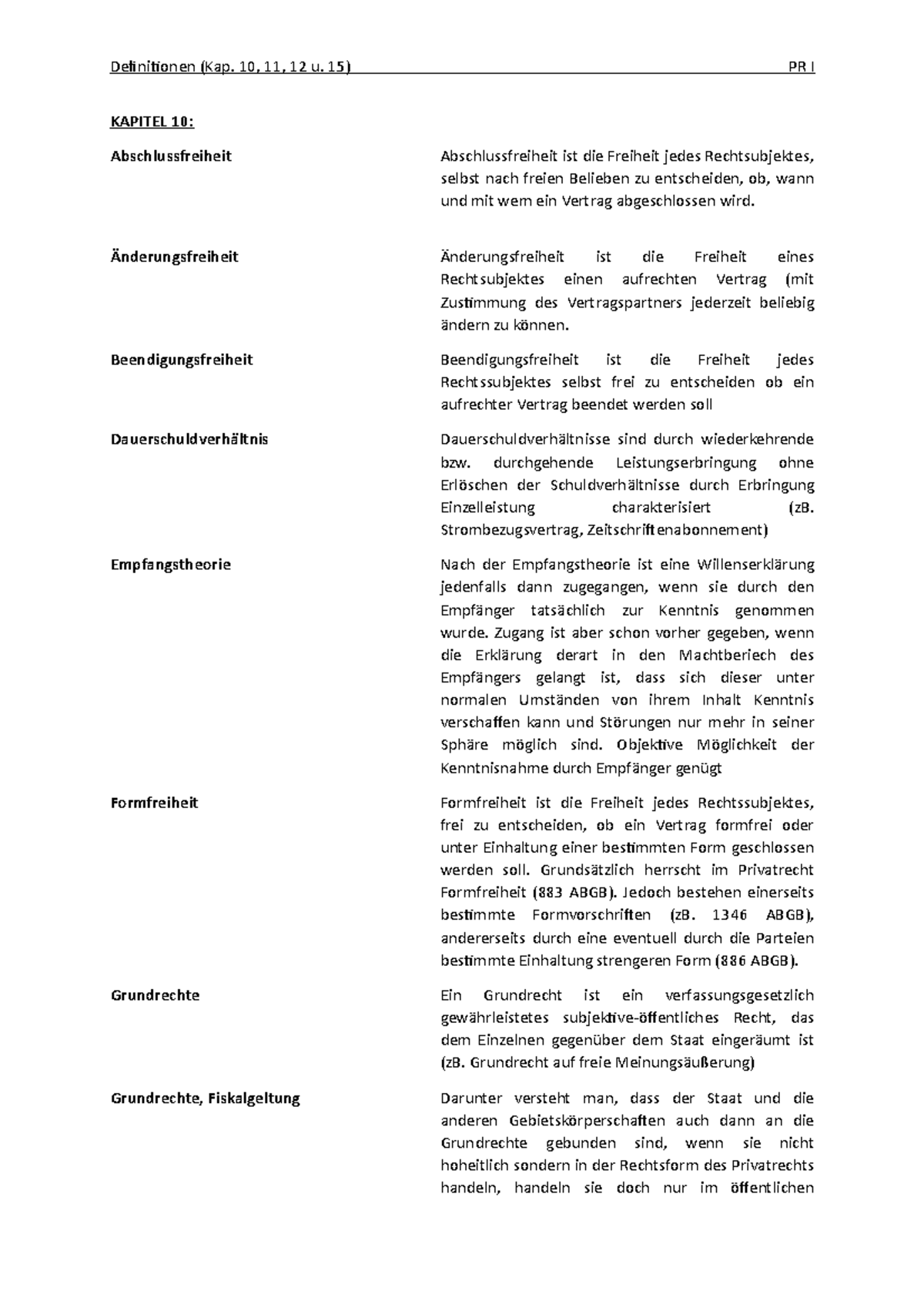 1. Klausur - Definitionen - KAPITEL 10: Abschlussfreiheit ...