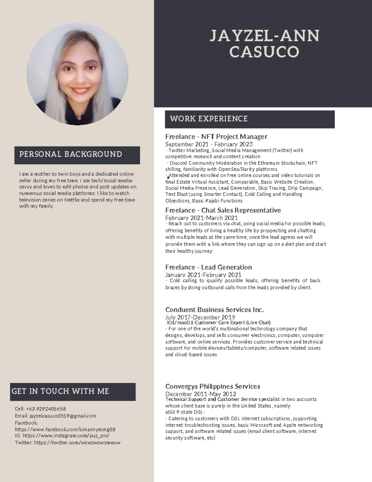 Casuco, Jayzel-Ann E. - CV - GET IN TOUCH WITH ME PERSONAL BACKGROUND WORK EXPERIENCE I am a ...