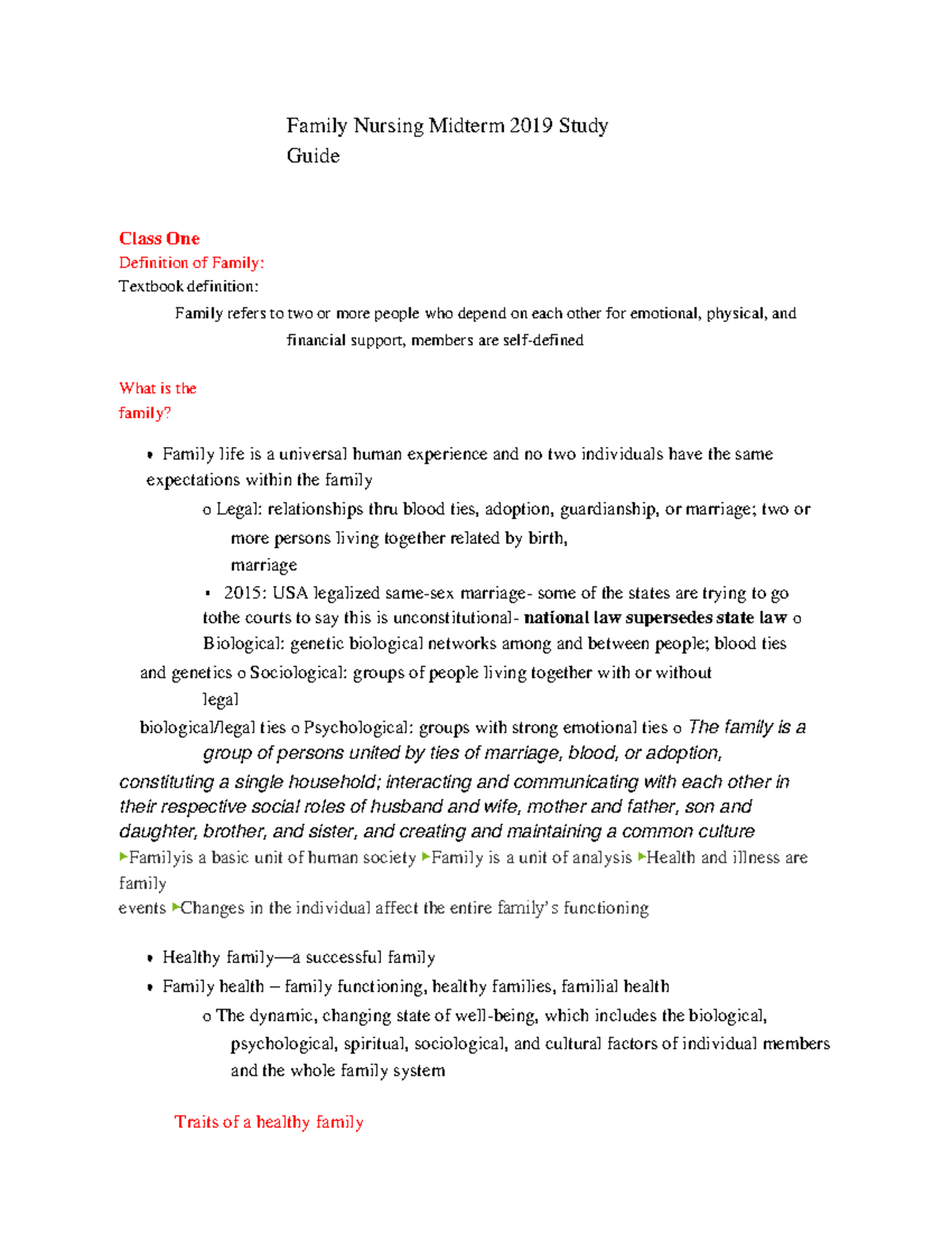 Family Midterm Study Guide - Family Nursing Midterm 2019 Study Guide ...